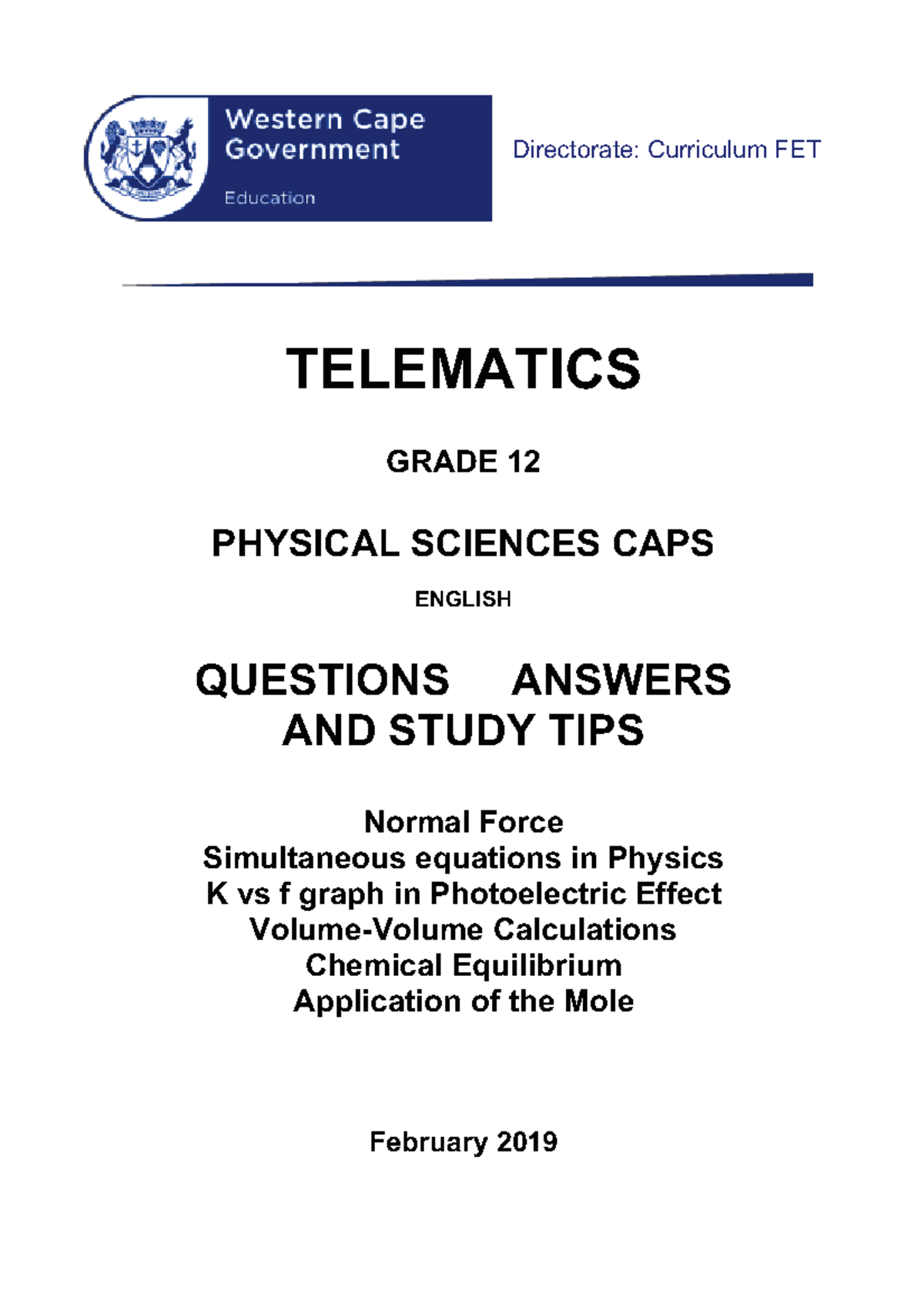 Physical Sciences Resource 2019 - TELEMATICS GRADE 12 PHYSICAL SCIENCES ...