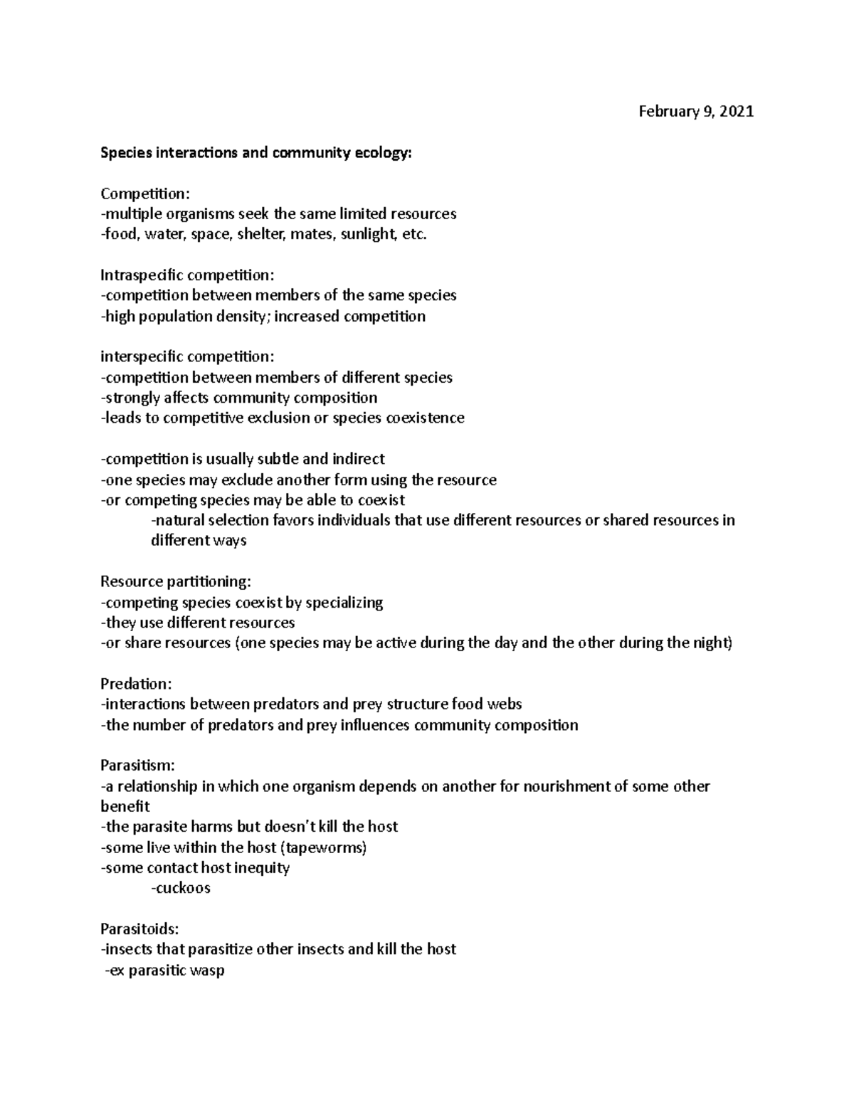 Species interaction and community ecology notes - February 9, 2021 ...