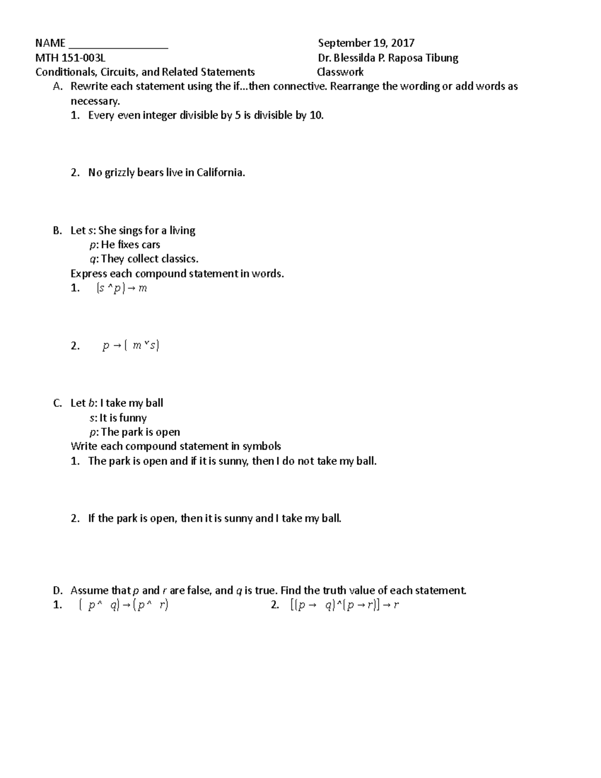 CW Conditionals, Circuits and Related Statements(1) - NAME ...