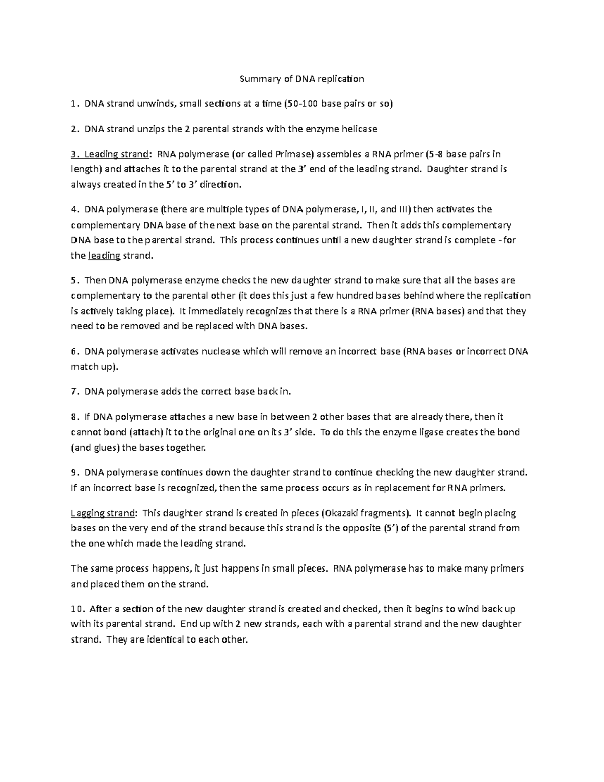 Summary of DNA replication 2021 - Summary of DNA replication DNA strand ...