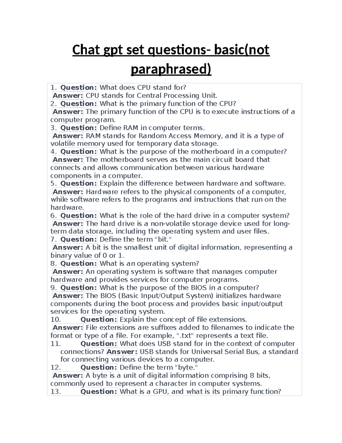 computer organization question - Chat gpt set questions- basic(not ...