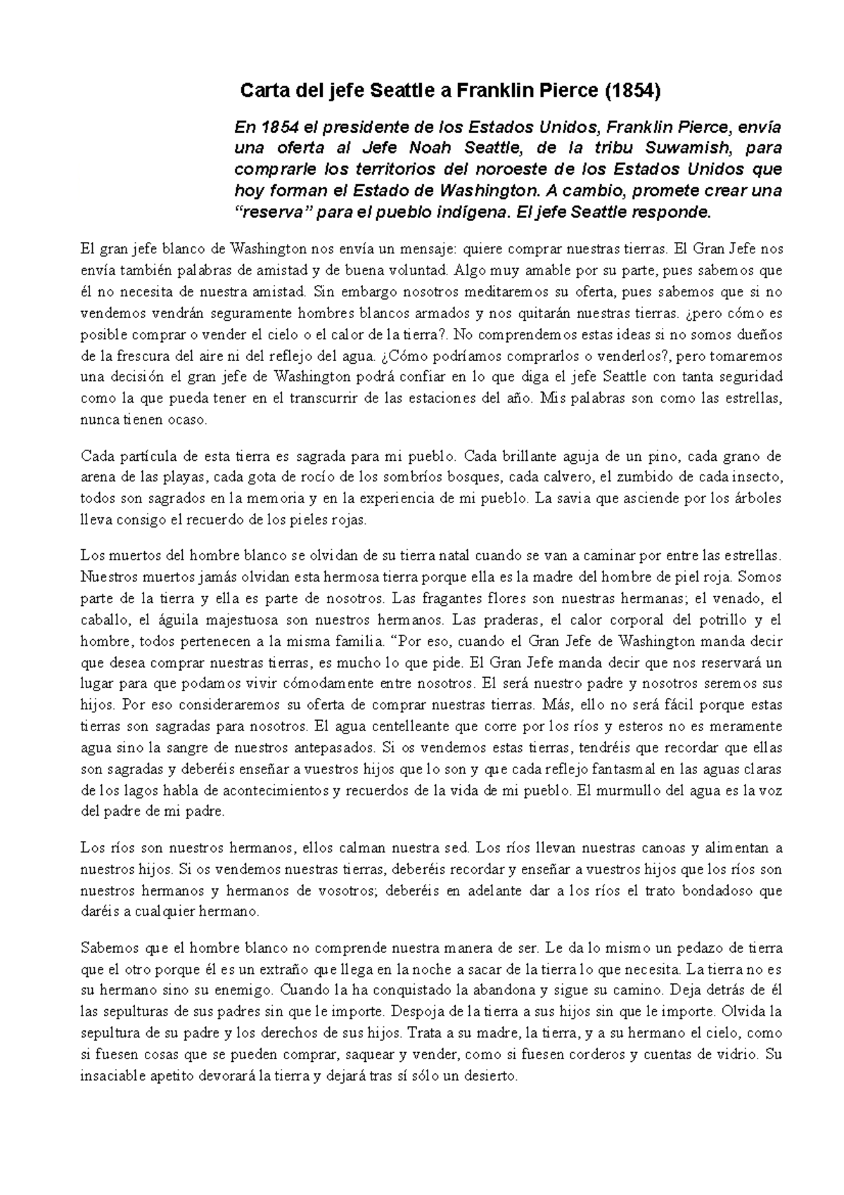 Carta del jefe Seattle a Franklin Pierce Tarea - Carta del jefe Seattle ...