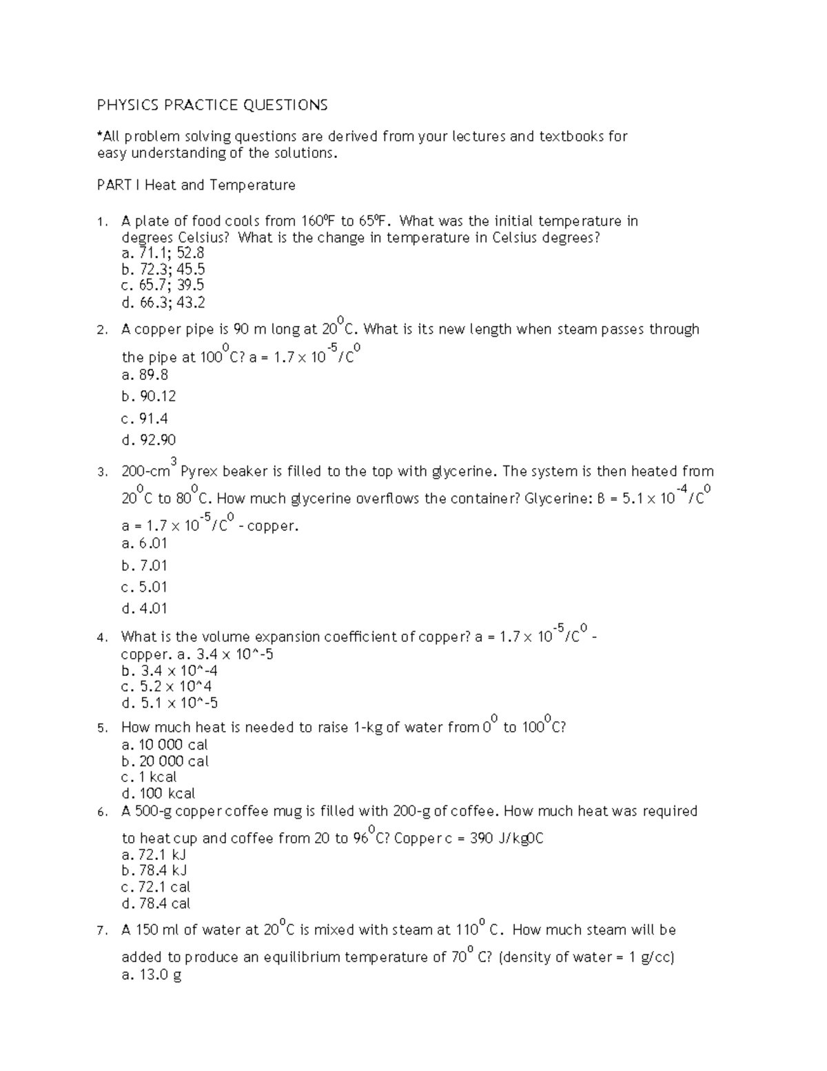 Physics Practice Qs - PHYSICS PRACTICE QUESTIONS *All problem solving ...
