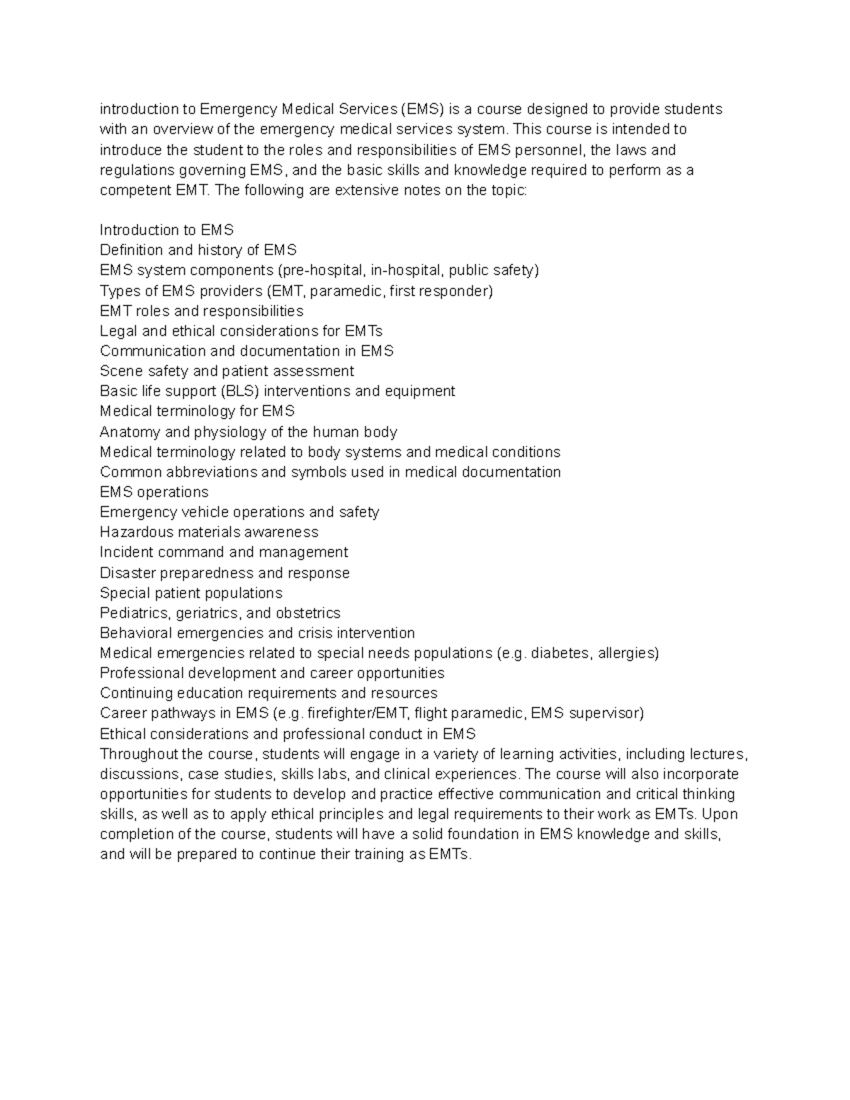 Introduction to Emergency Medical Services - This course is intended to ...