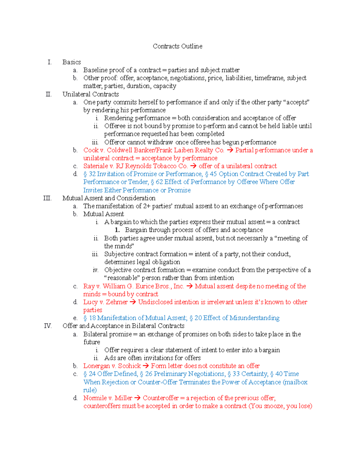 Contracts Outline - Basics a. Baseline proof of a contract = parties ...
