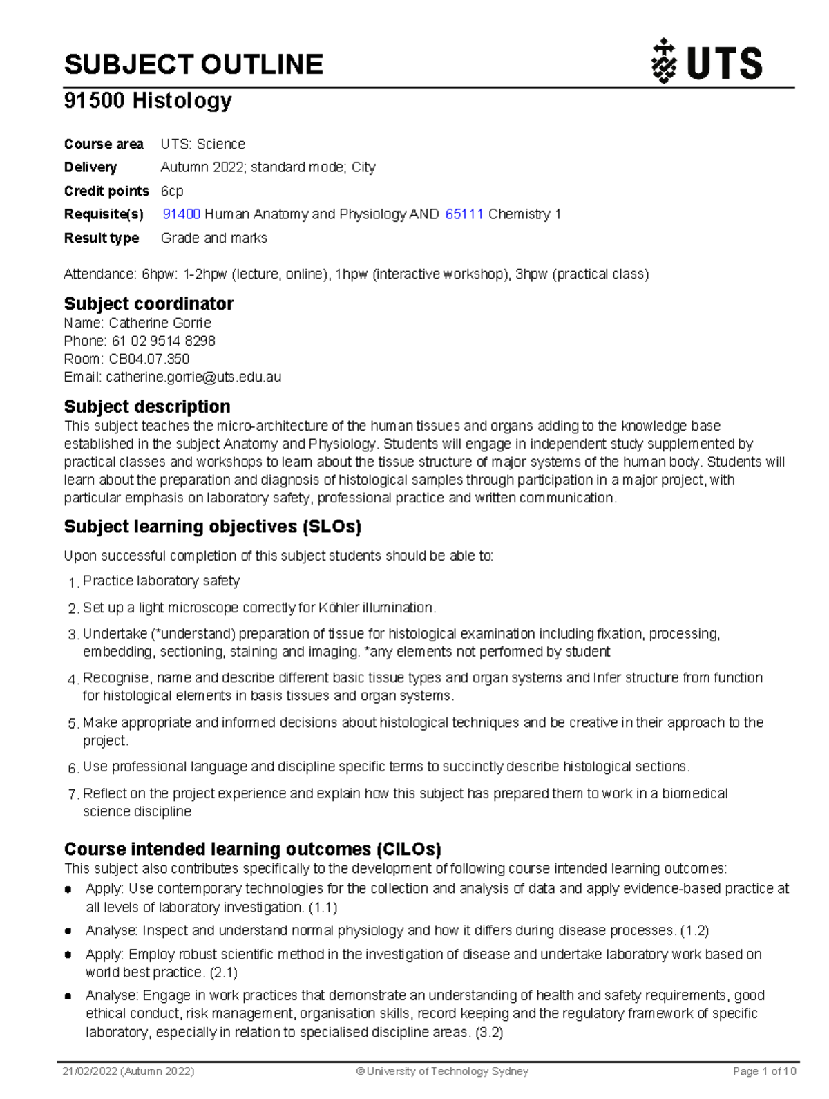 Histology Subject outline Autumn Semester - SUBJECT OUTLINE 91500 ...