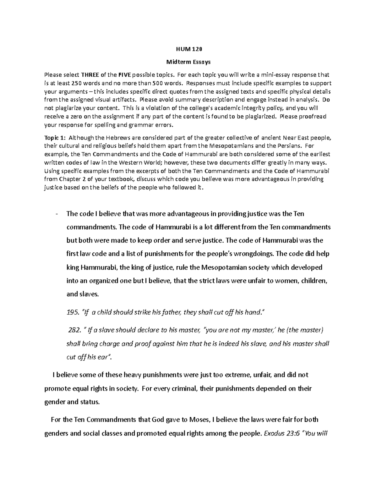 HUM 120 Midterm Essay Topics - HUM 120 Midterm Essays Please select ...