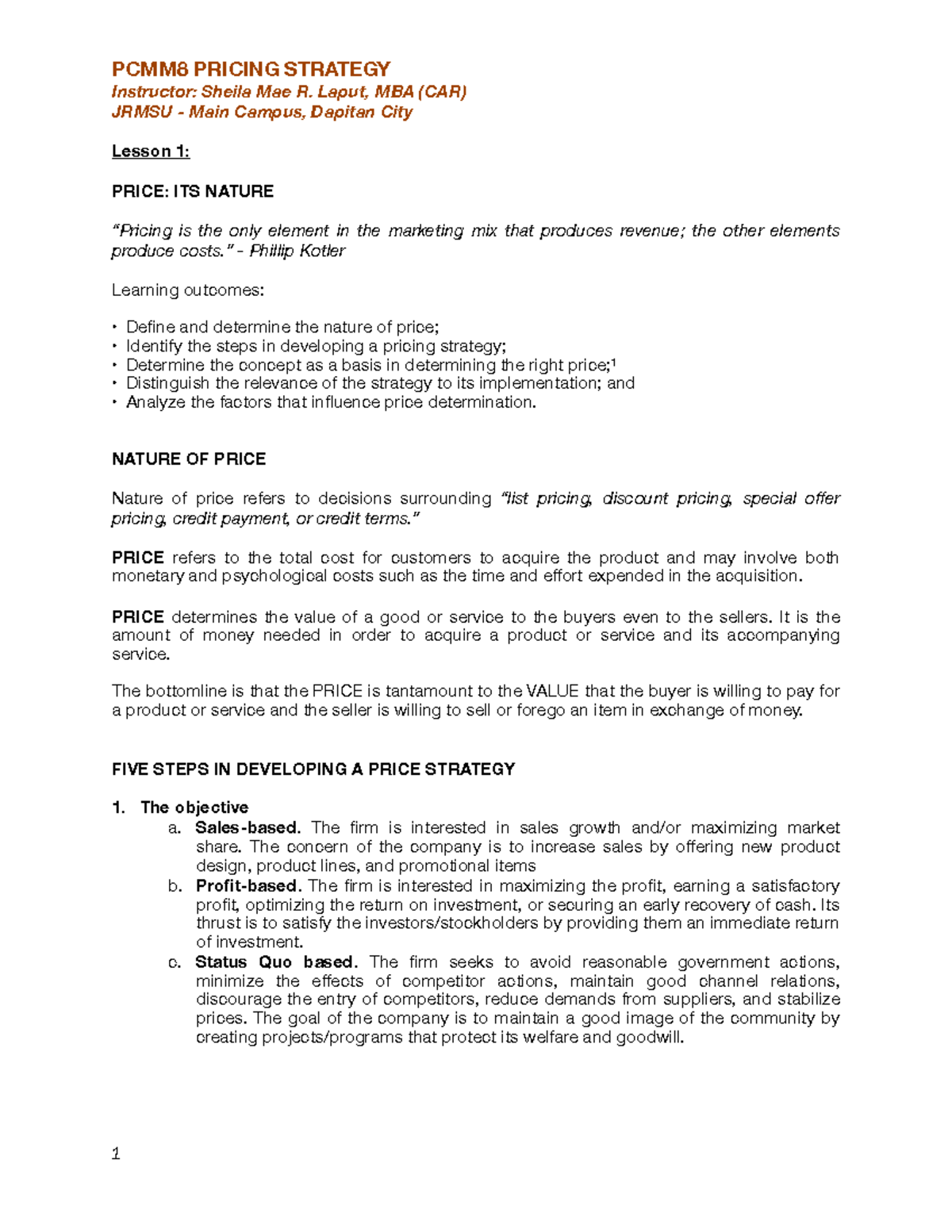 Lesson 1 - Price, Its Nature - Instructor: Sheila Mae R. Laput, MBA ...