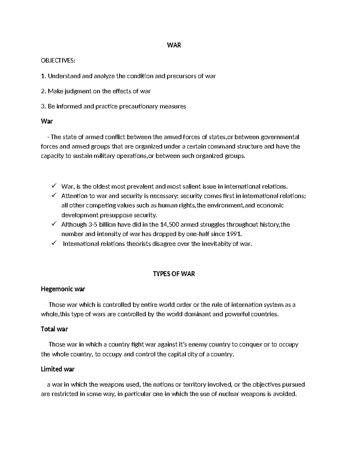 WAR- handouts - WAR OBJECTIVES: Understand and analyze the condition ...