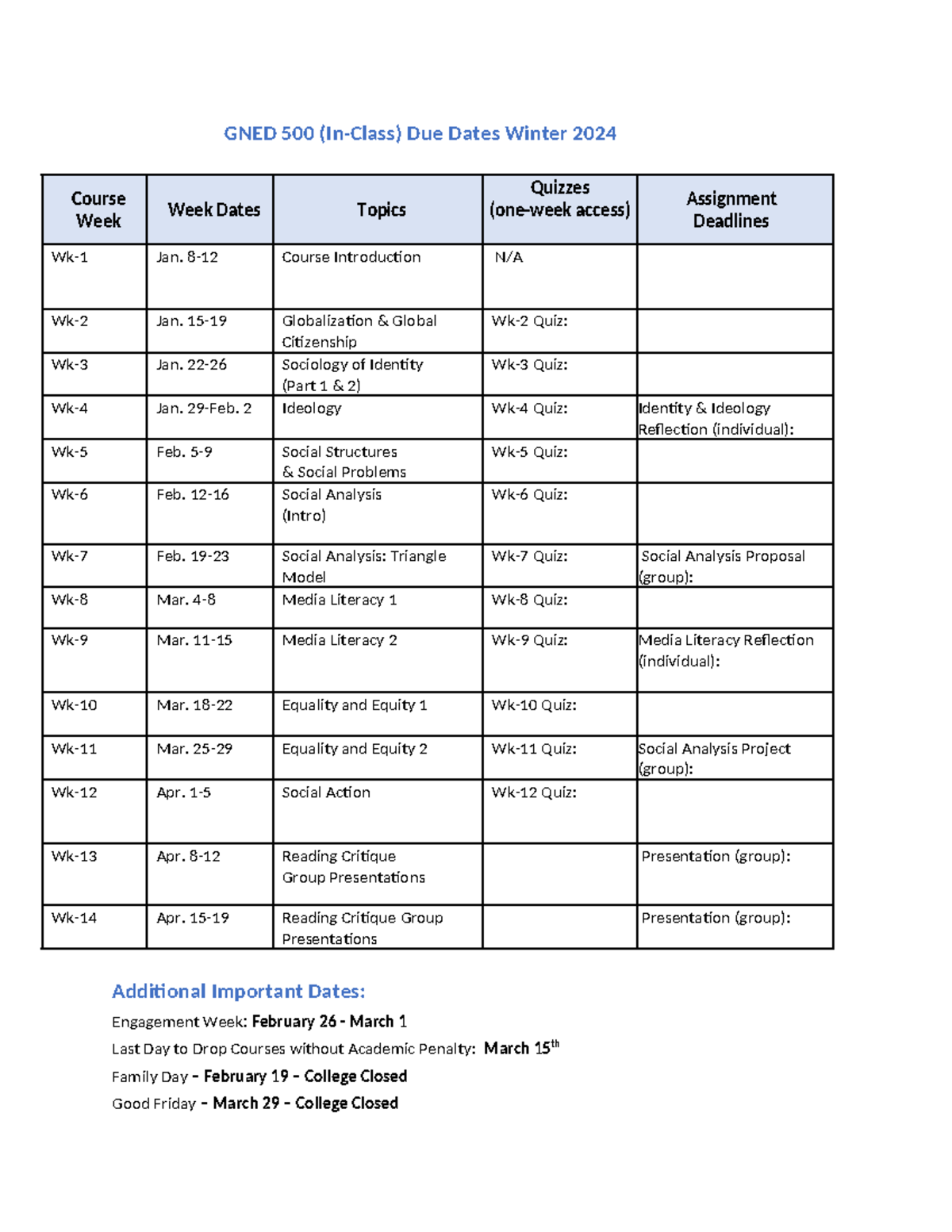 GNED 500 (In-Class) Due Dates Winter 2024 - GNED 500 (In-Class) Due ...