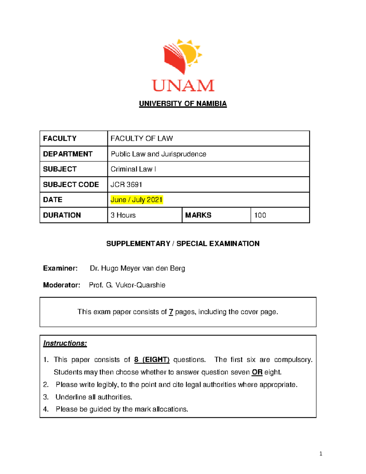 Criminal law Supp - Past exam - UNIVERSITY OF NAMIBIA SUPPLEMENTARY ...