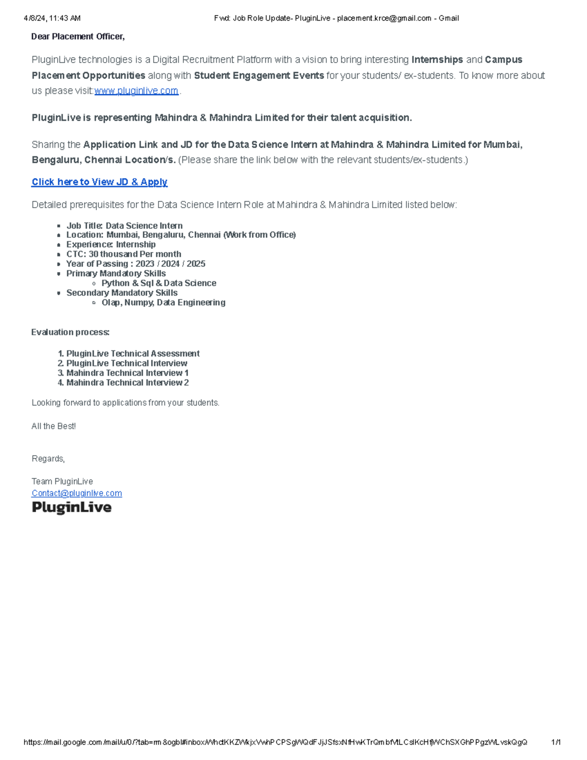 Application Link and JD for the Data Science Intern at Mahindra & Mahindra Limited - 4/8/24, 11 ...