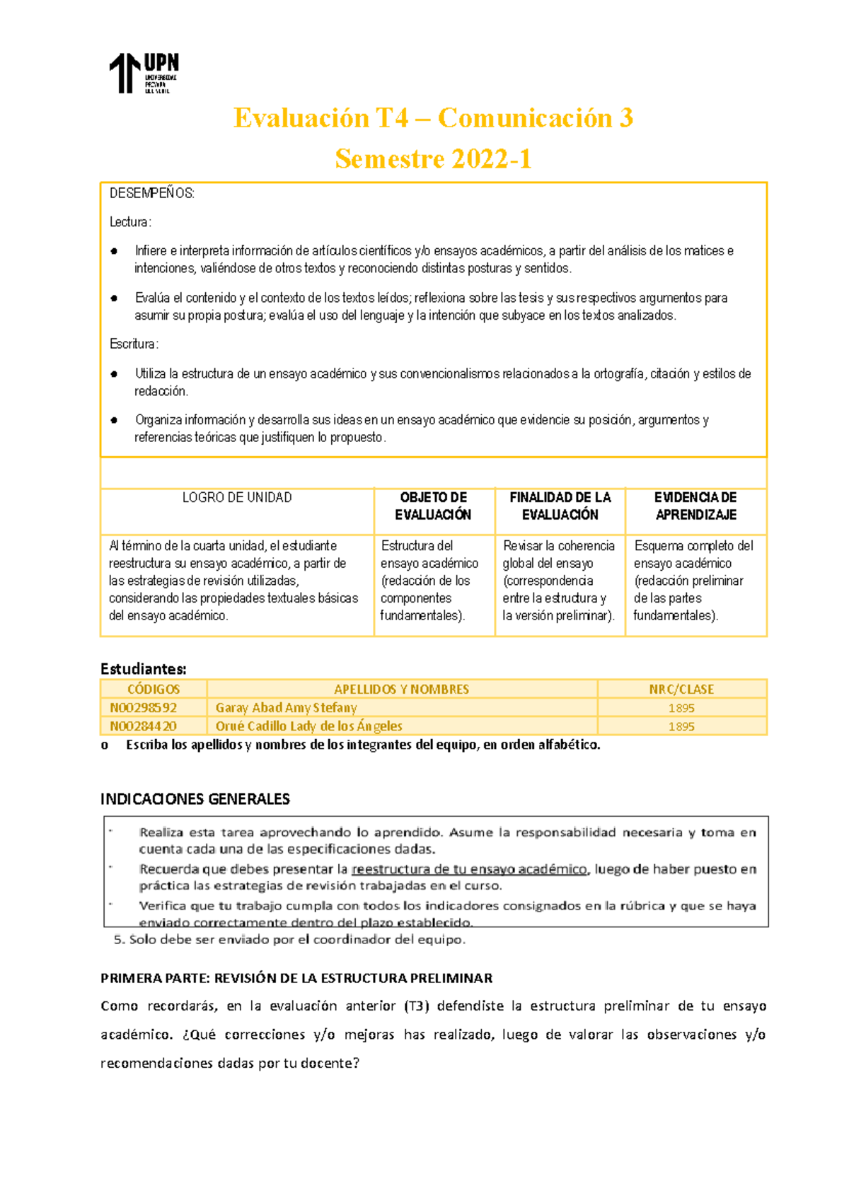T4 COMU3-UG Garay Amy - Orué Lady.docx - Evaluación T4 – Comunicación 3 Semestre 2022 ...