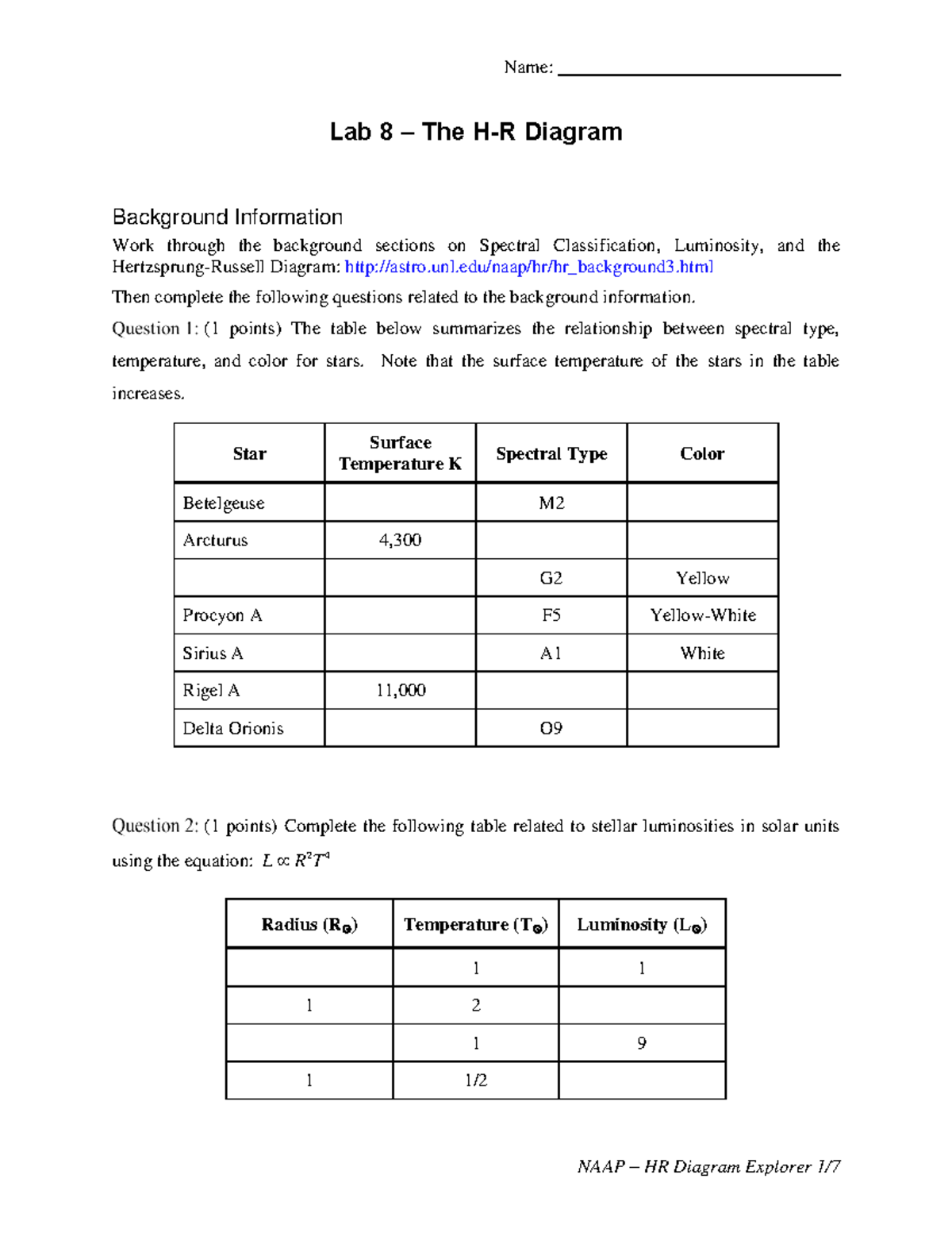 Lab 8 NAAP HR Diagram Assignment Sheet PDF - Name: Lab 8 – The H-R ...