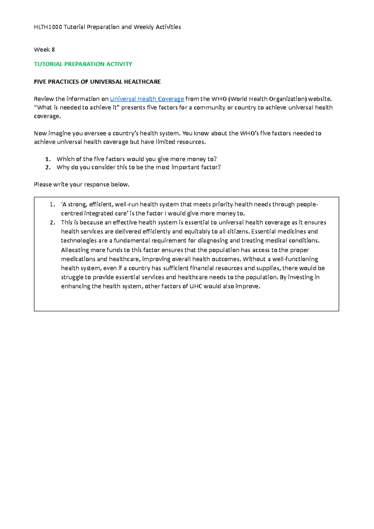 Week 8 tutorial preparation and weekly activities - HLTH1000 Tutorial Preparation and Weekly ...