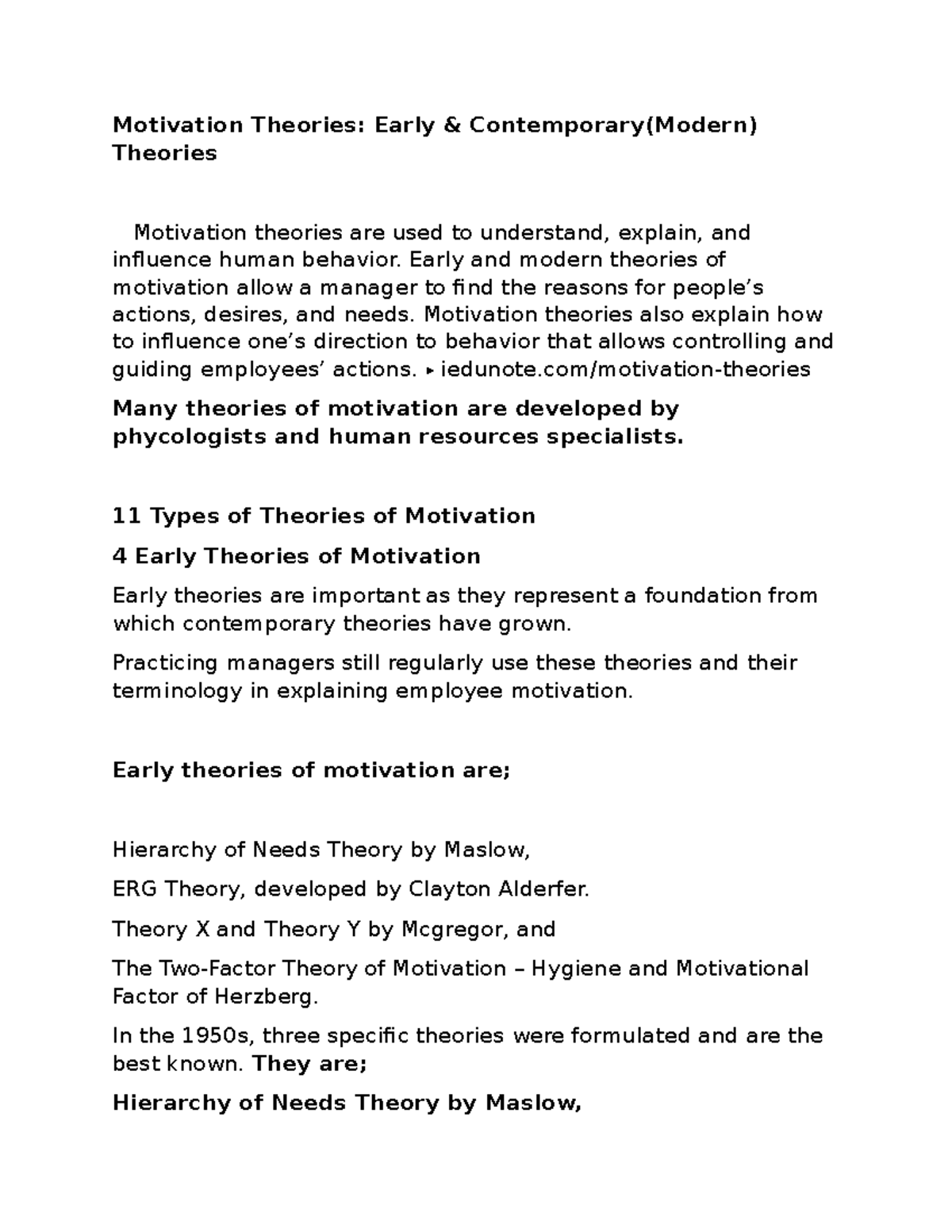 Motivation Theories - NOTES - Motivation Theories: Early & Contemporary ...