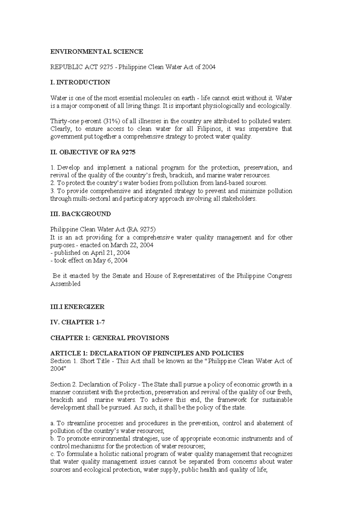 RA-9275- Group 2- Reporting - ENVIRONMENTAL SCIENCE REPUBLIC ACT 9275 ...