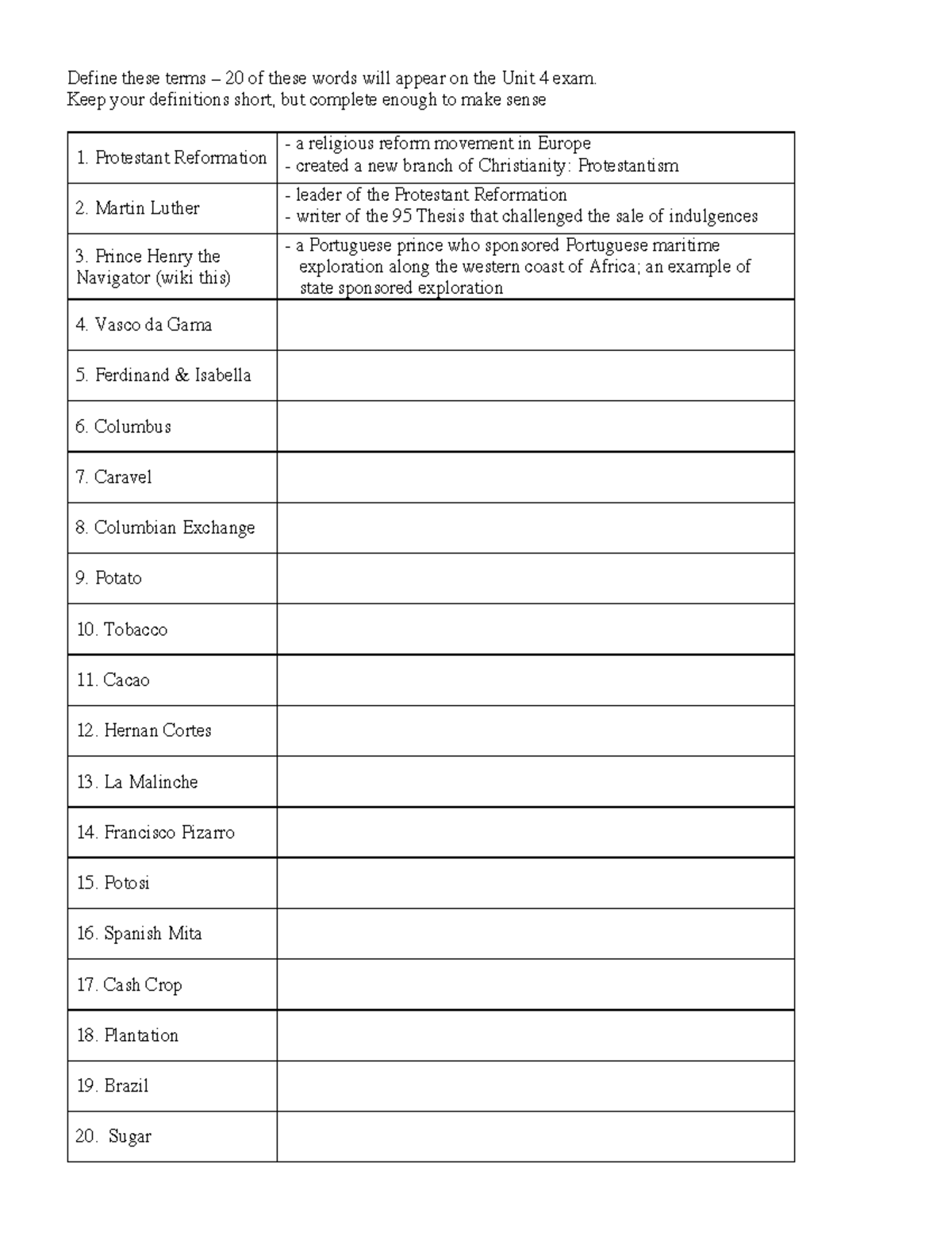 Unit 4 Vocab - Define these terms – 20 of these words will appear on ...