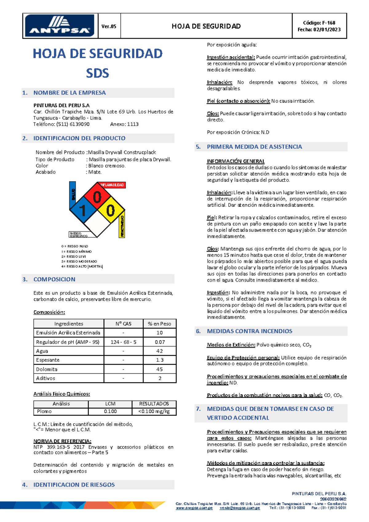 Masilla Drywall- Anypsa - Ver 5 HOJA DE SEGURIDAD Código: F- 168 Fecha ...