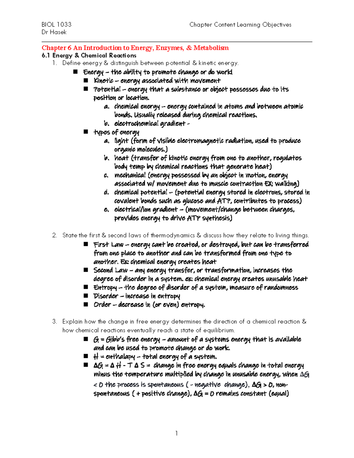 Exam 2 study guide! - Dr Hasek Chapter 6 An Introduction to Energy ...
