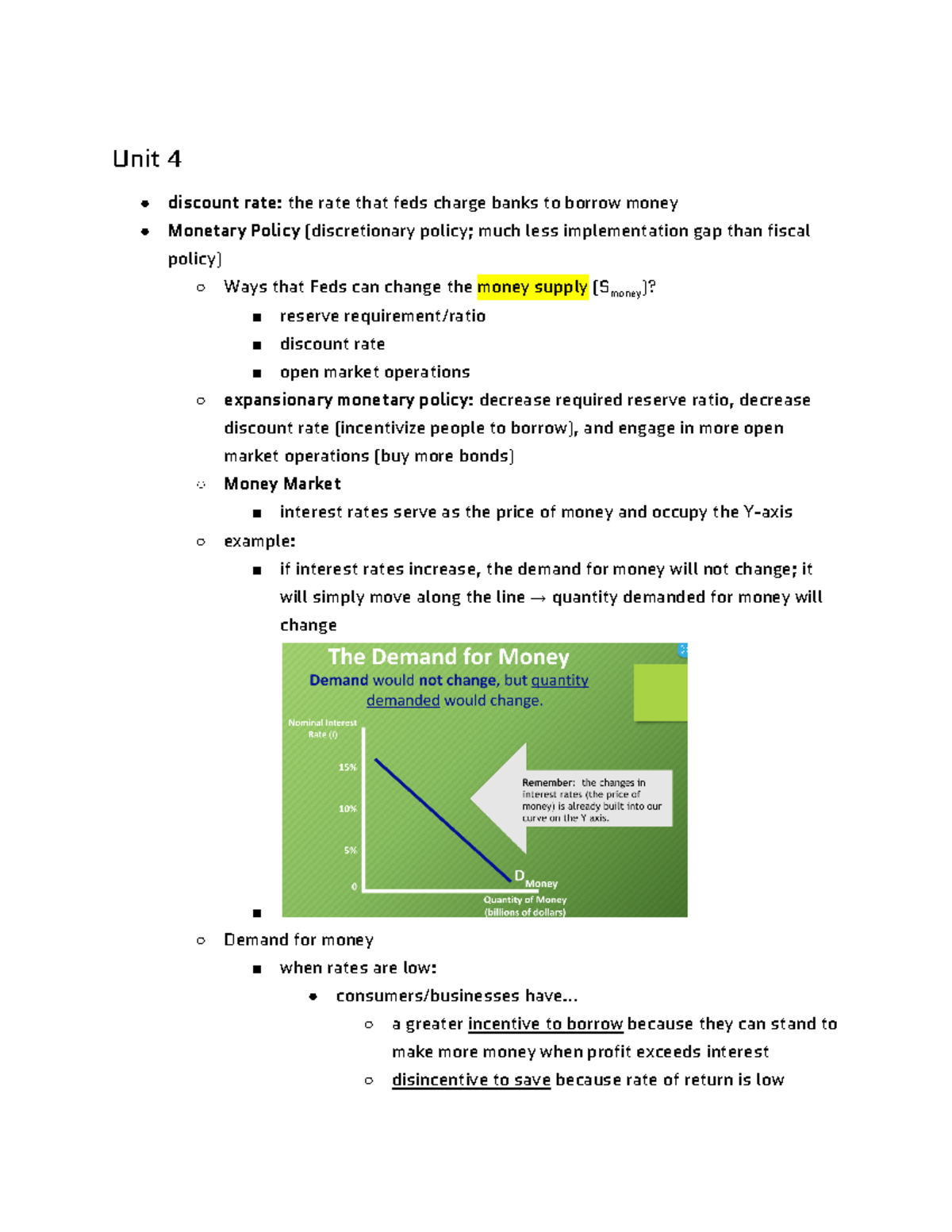 Macro Notes Unit 4 (1 of 3) - Unit 4 discount rate: the rate that feds ...