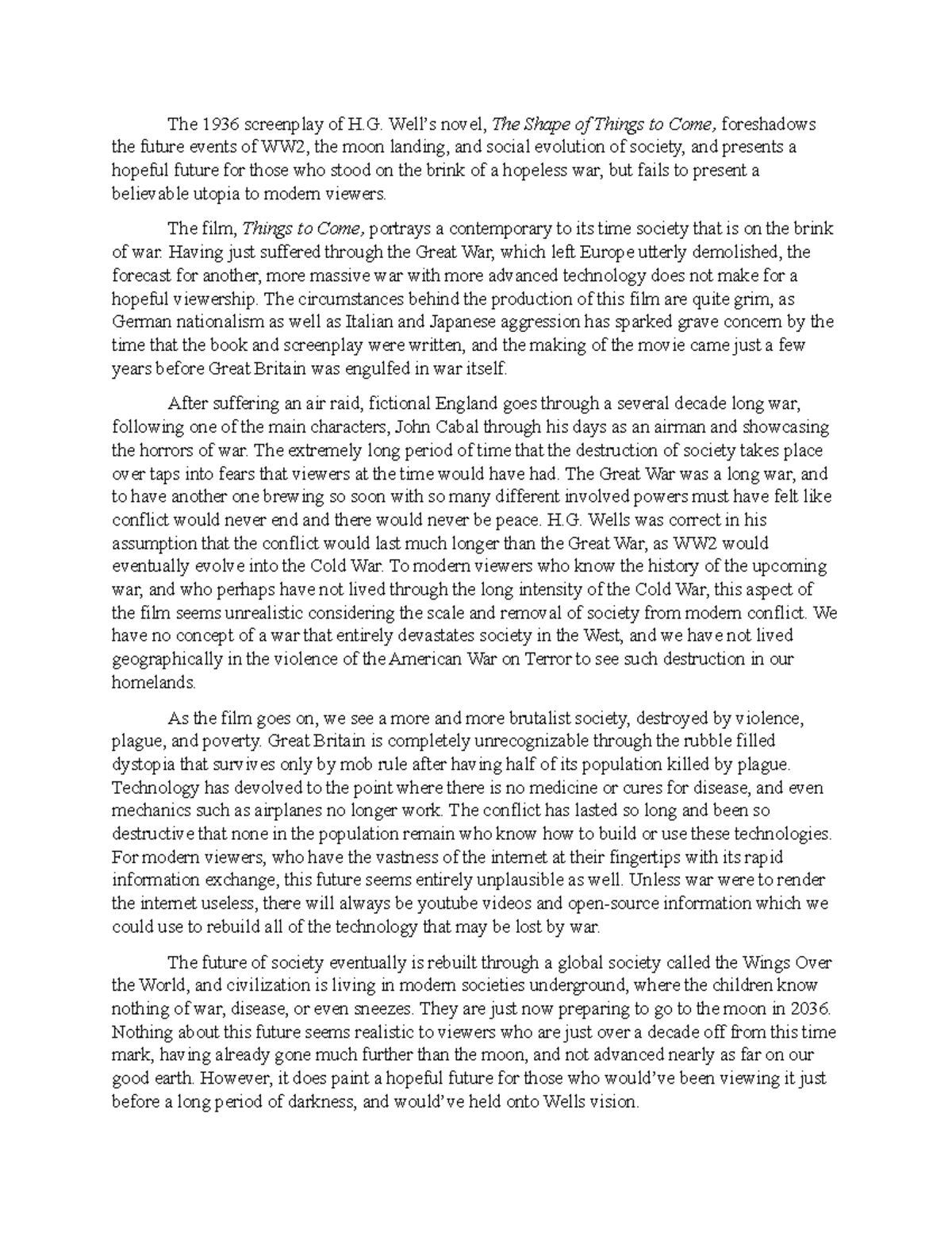 Things to Come Essay - Assignment for Cambridge Study Abroad Students ...