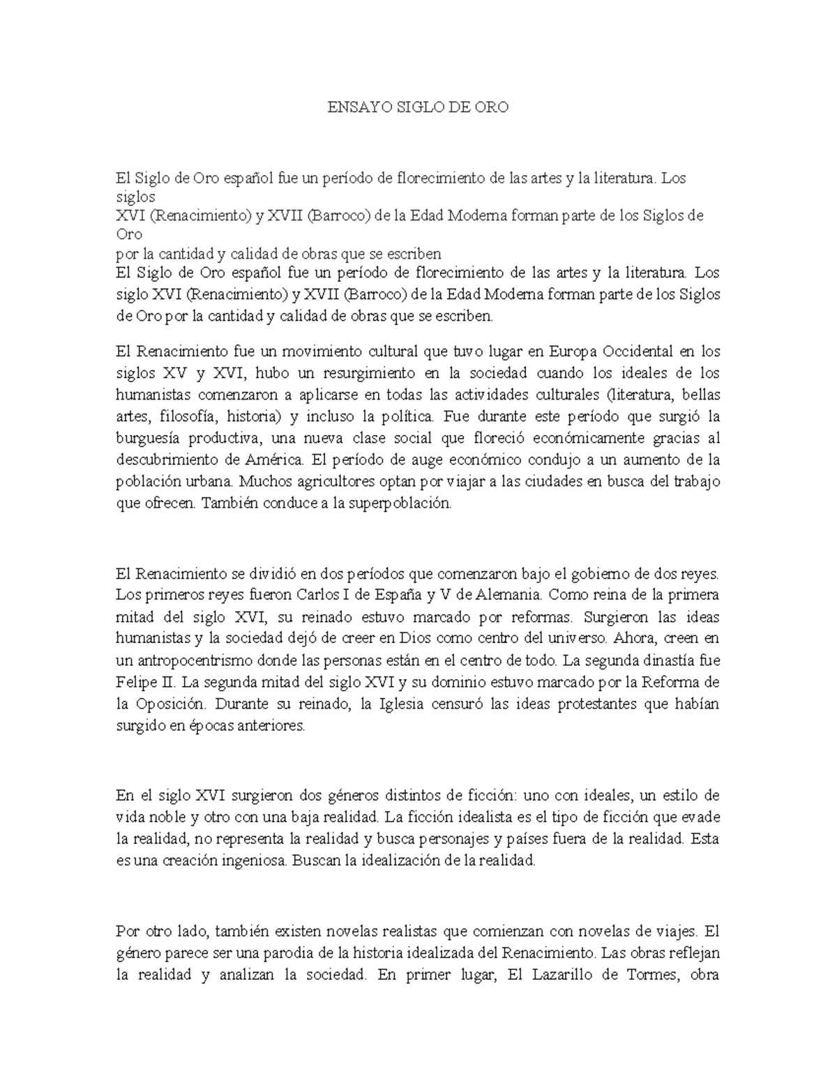 Ensayo Siglo DE ORO - ENSAYO SIGLO DE ORO El Siglo de Oro español fue ...
