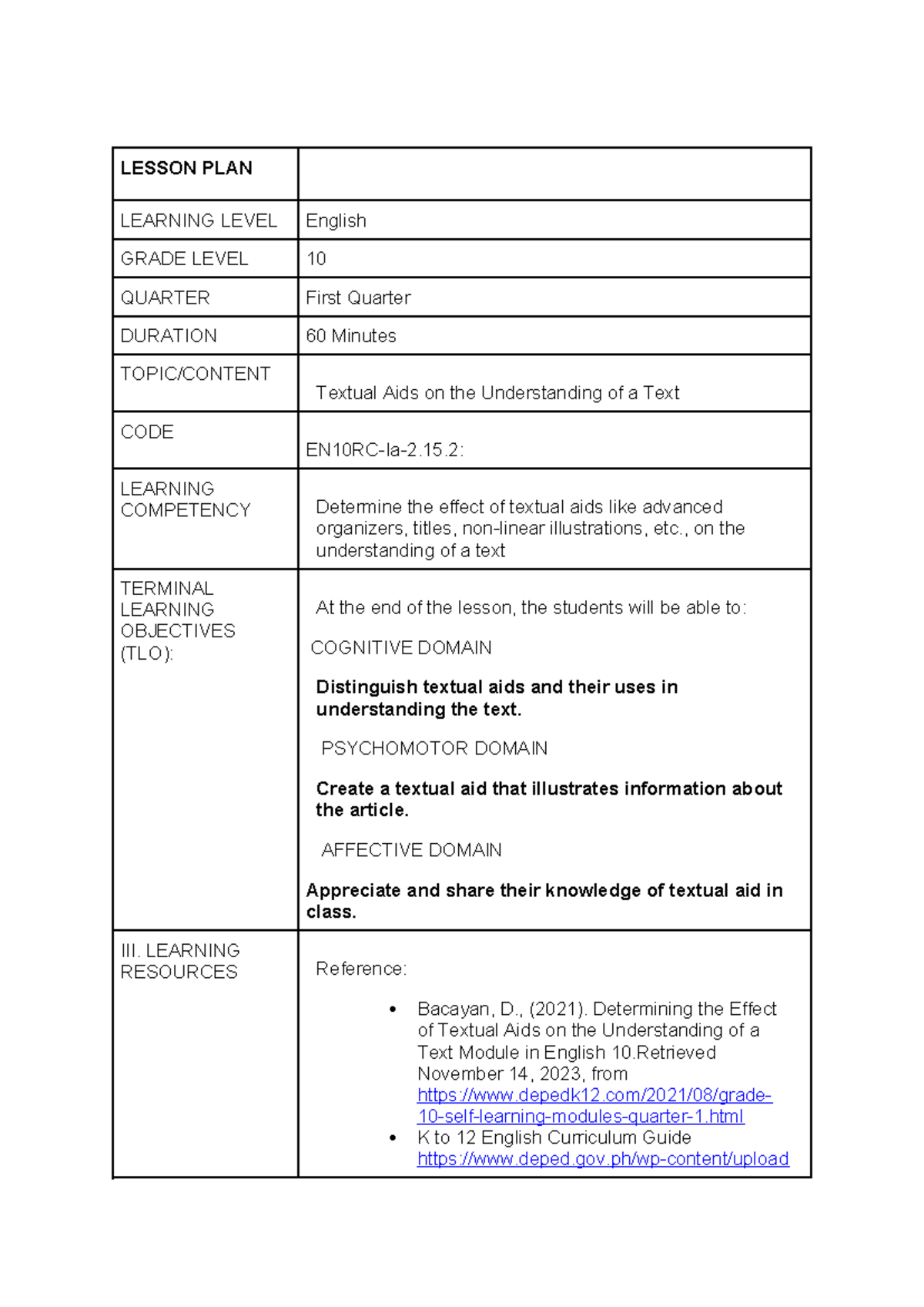 Lesson plan (textual aid) - LESSON PLAN LEARNING LEVEL English GRADE ...