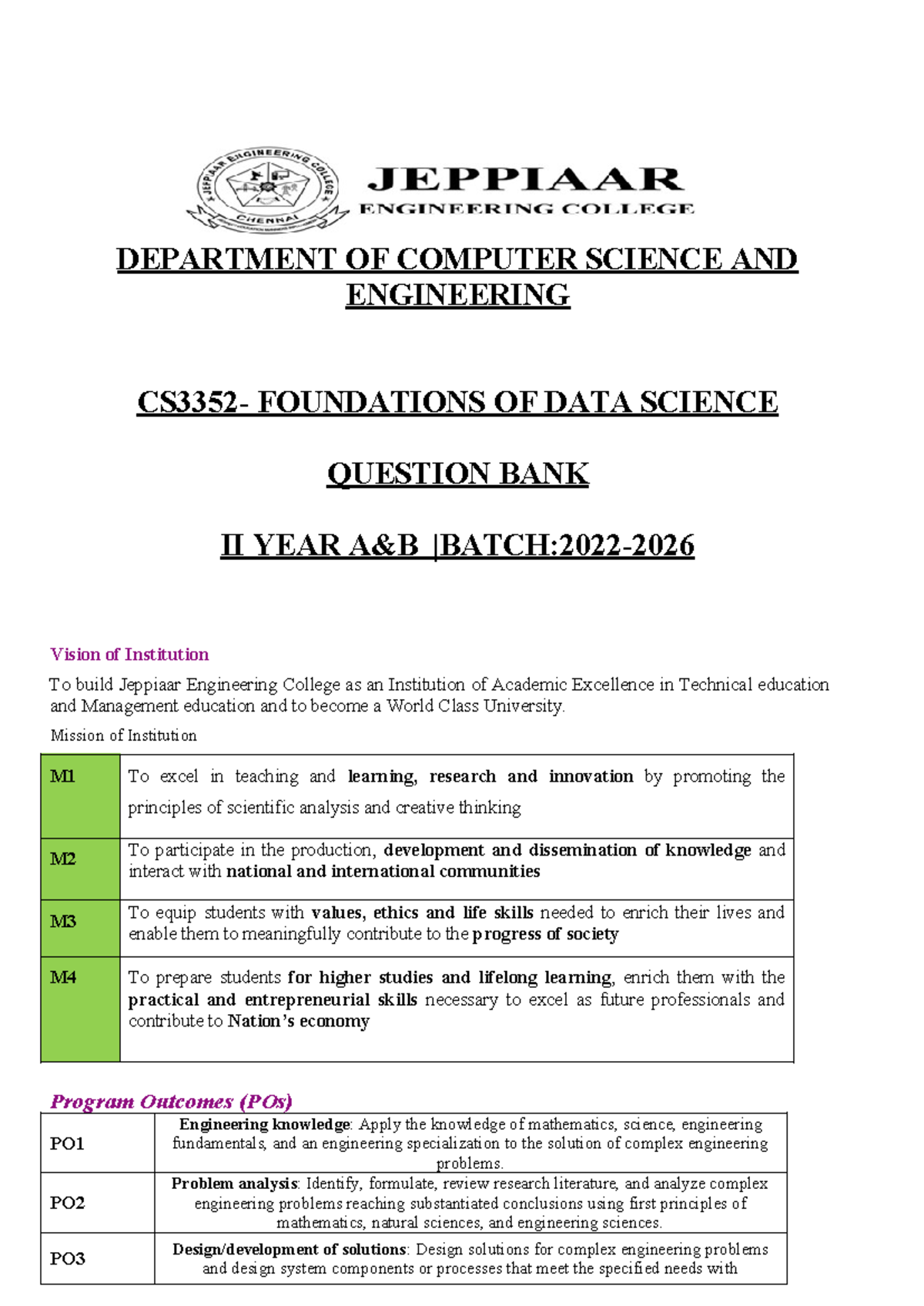 CS3352 Foundations OF DATA Science - DEPARTMENT OF COMPUTER SCIENCE AND ENGINEERING CS3352 ...