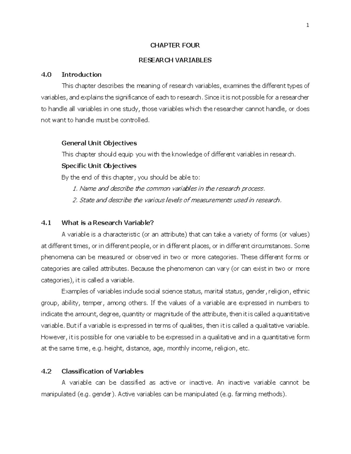 Chapter 04 Research - CHAPTER FOUR RESEARCH VARIABLES 4 Introduction ...
