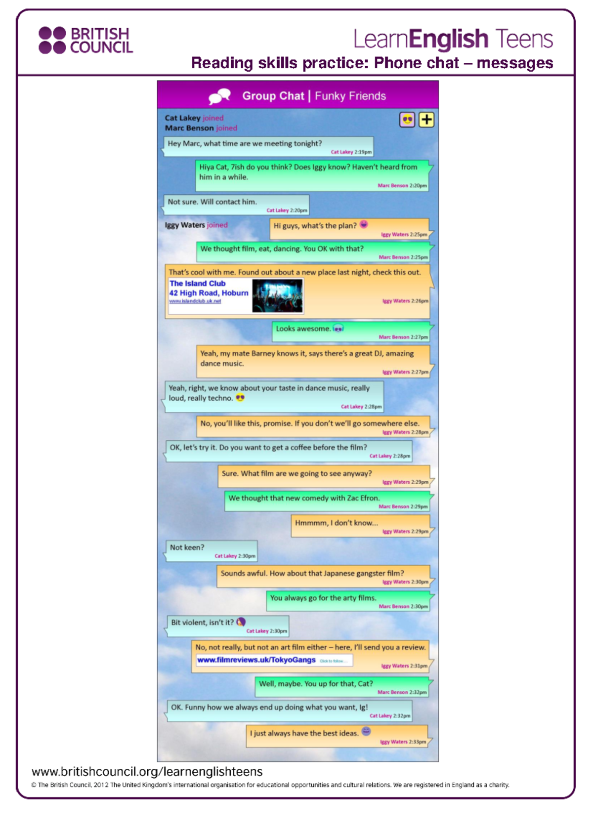 Reading 6 mayo - INGLÉS - Reading skills practice: Phone chat ...