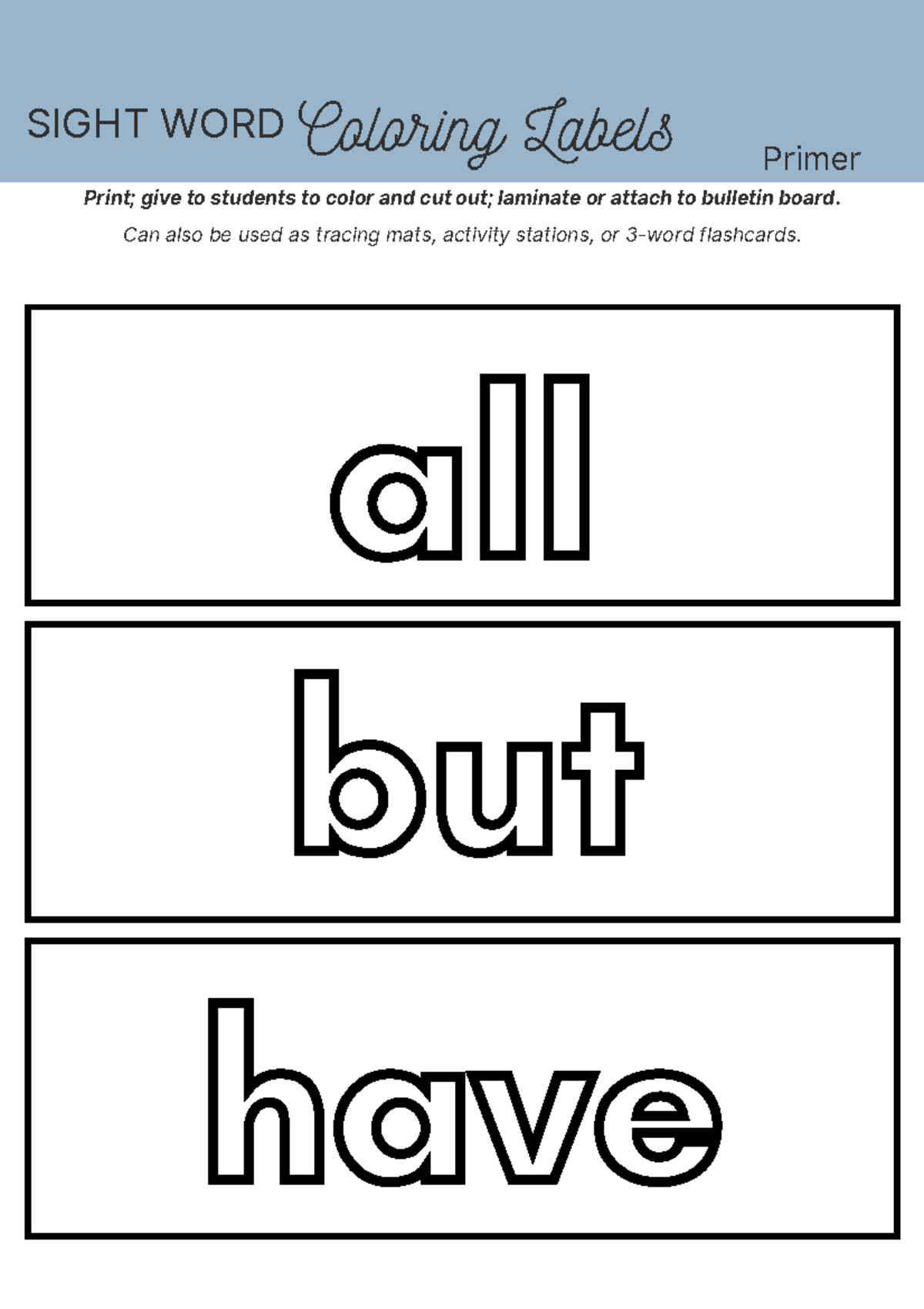Sight Word Coloring Labels Primer - Bachelor of Elementary Education ...