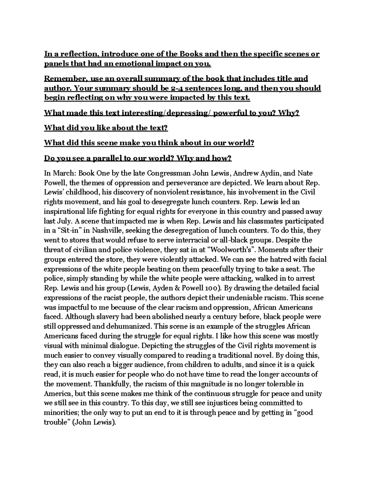 March: Book One reflection - In a reflection, introduce one of the Books and then the specific ...