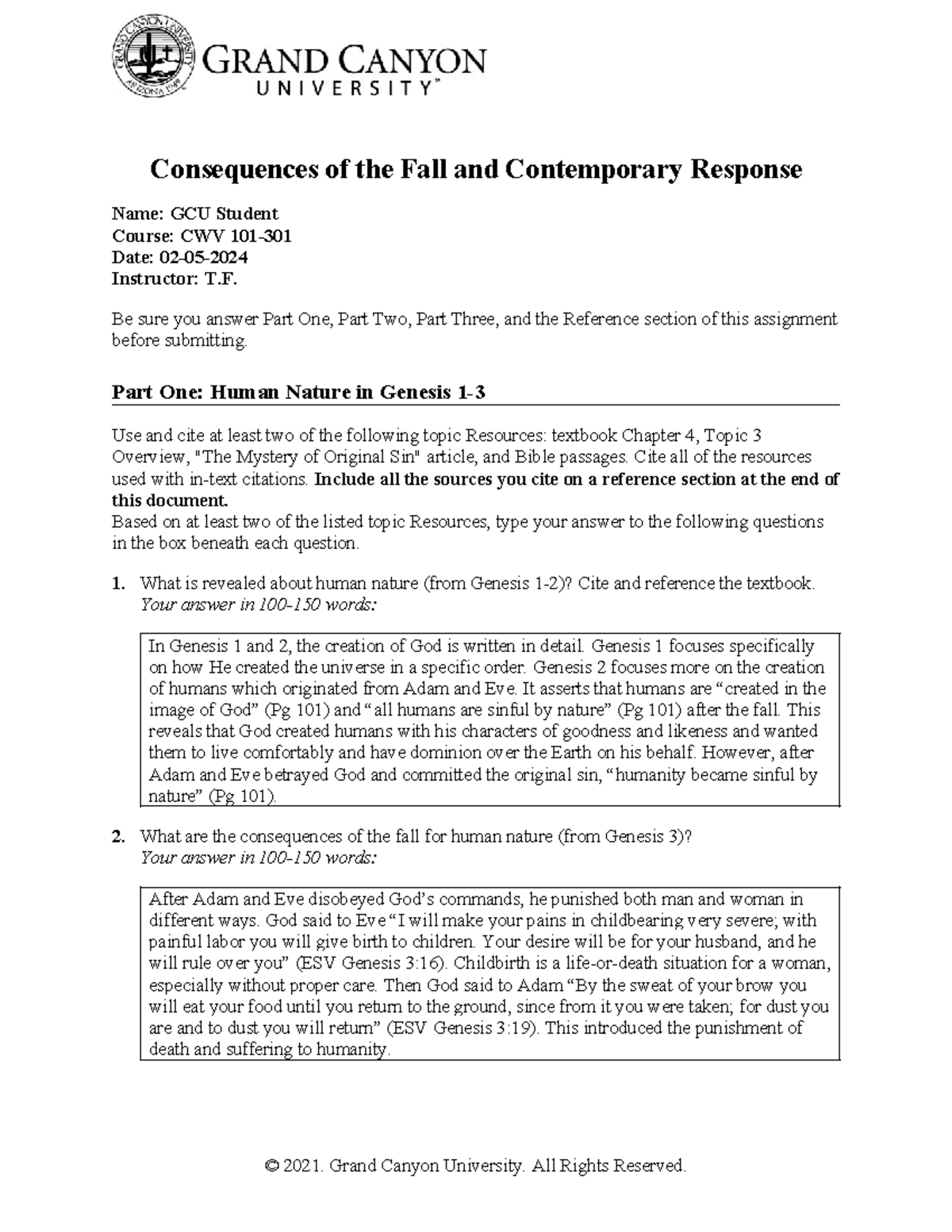 CWV 101 The Fall (T3) - Topic 3 Assignment - Consequences of the Fall ...