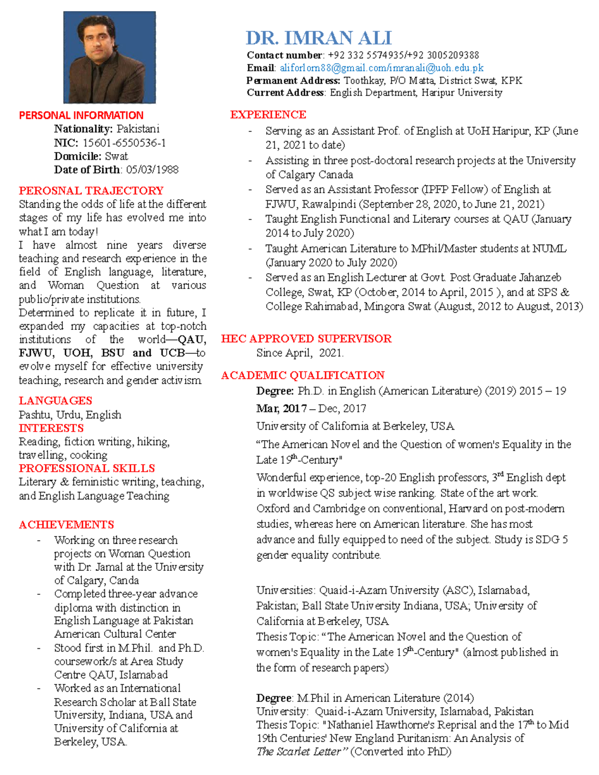 Dr. Ali's updated CV 1 - PERSONAL INFORMATION Nationality: Pakistani ...