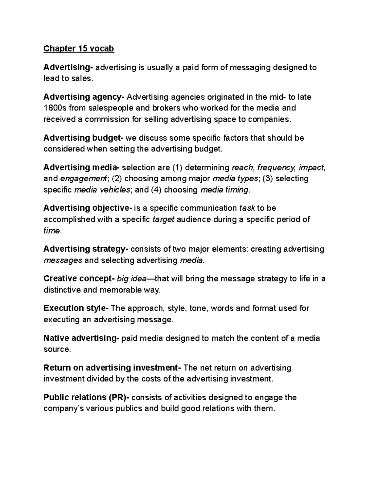 Chapter 15 vocab - Chapter 15 vocab Advertising- advertising is usually ...