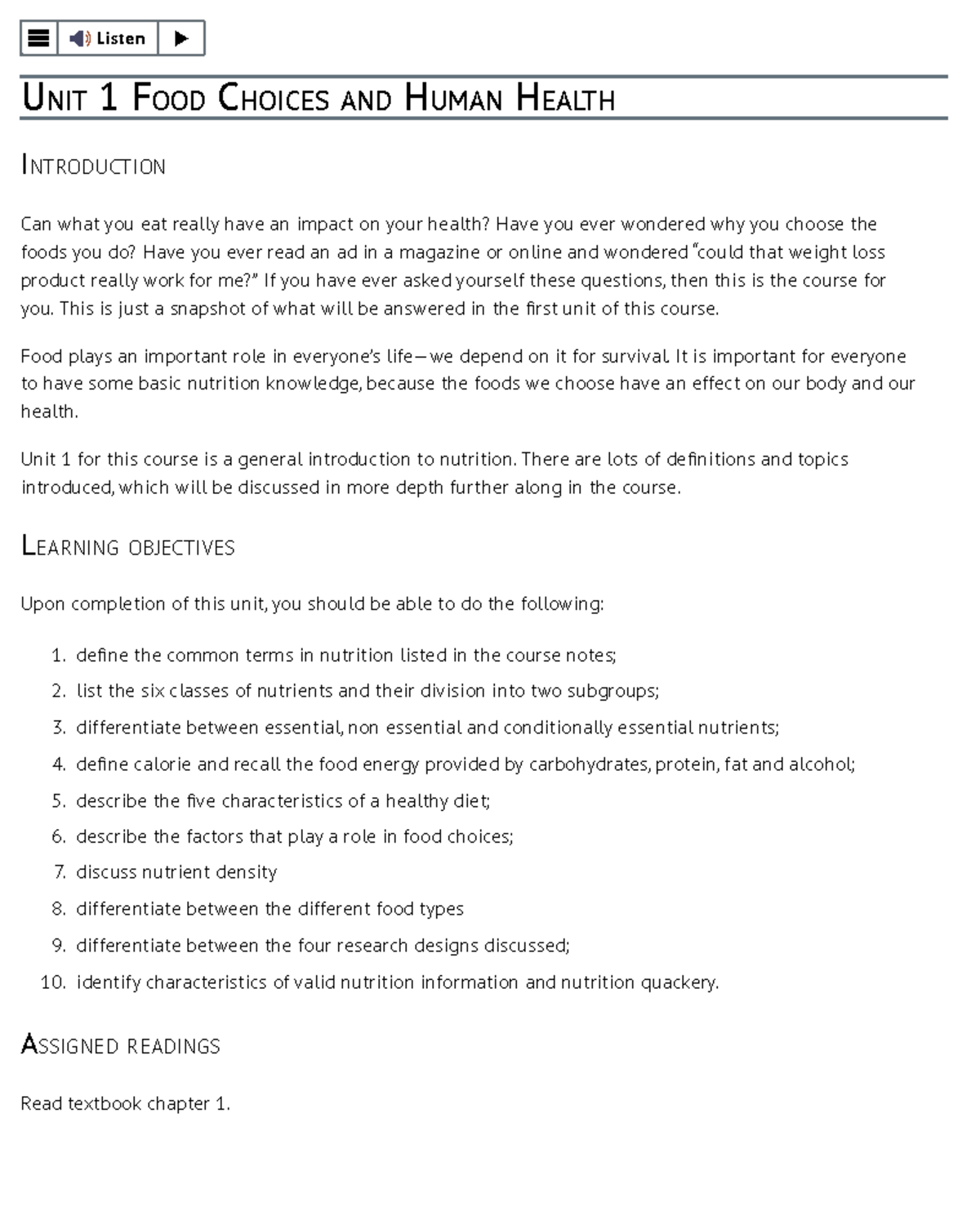 Unit 1 Food Choices and Human Health - ...ion for Health and Changing ...