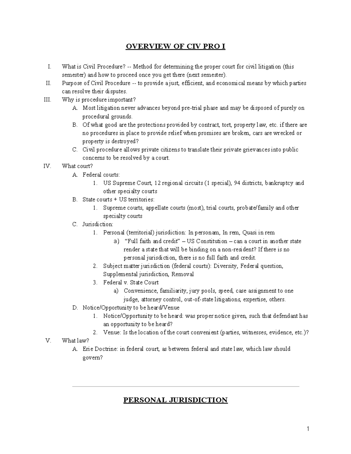 Civ Pro Outline - OVERVIEW OF CIV PRO I I. What is Civil Procedure ...