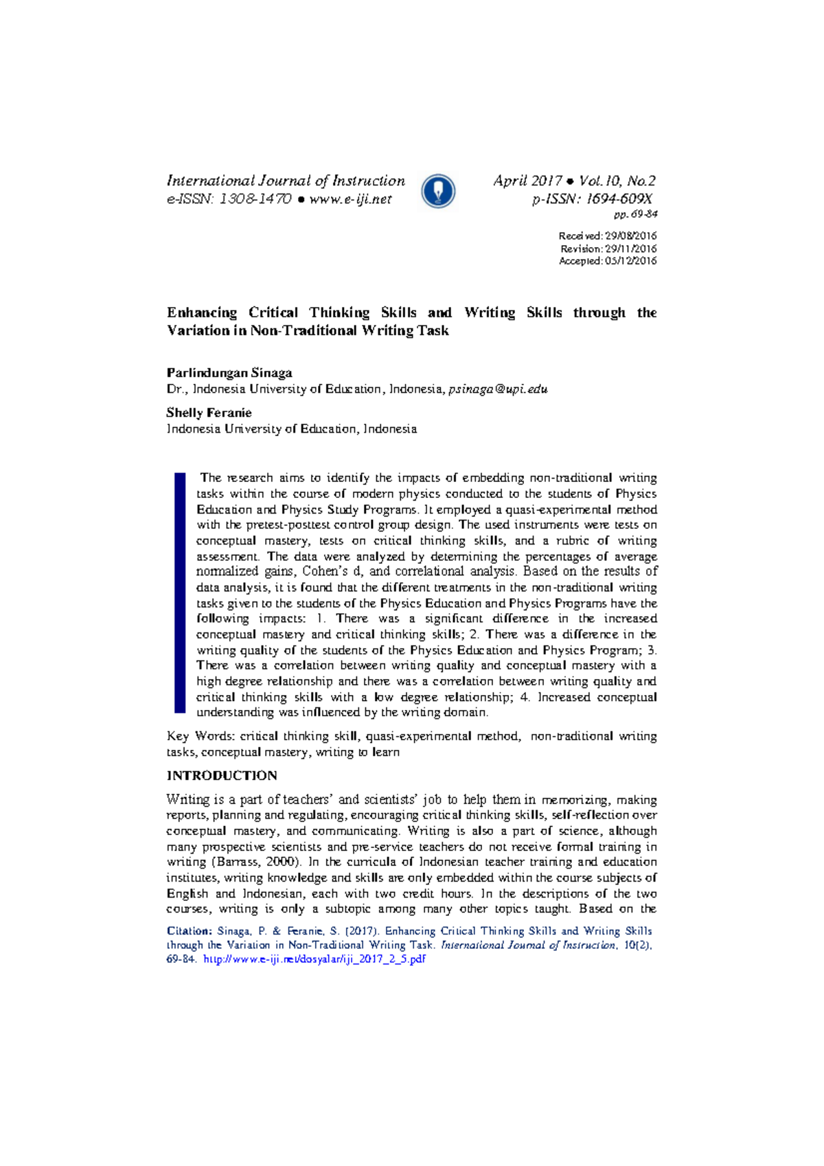 Enhancing Critical Thinking Skills and Writing Skills through the ...