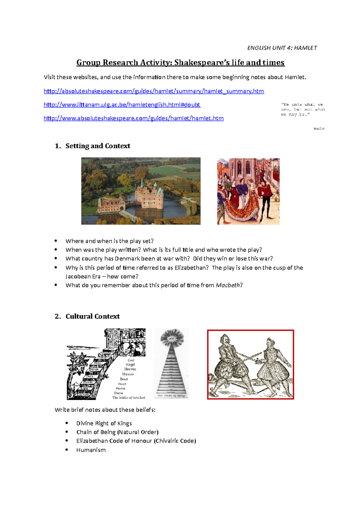 Group Research Activity Hamlet Context - ENGLISH UNIT 4: HAMLET Group ...