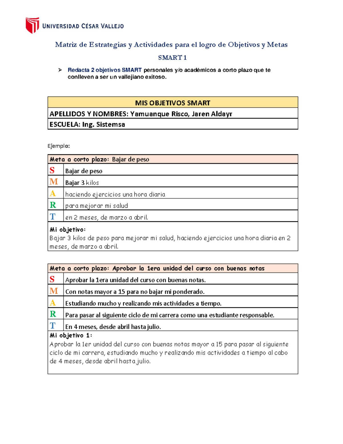 Matriz Objetivos Smart - Actividad 1 Tutoría - Matriz de Estrategias y ...