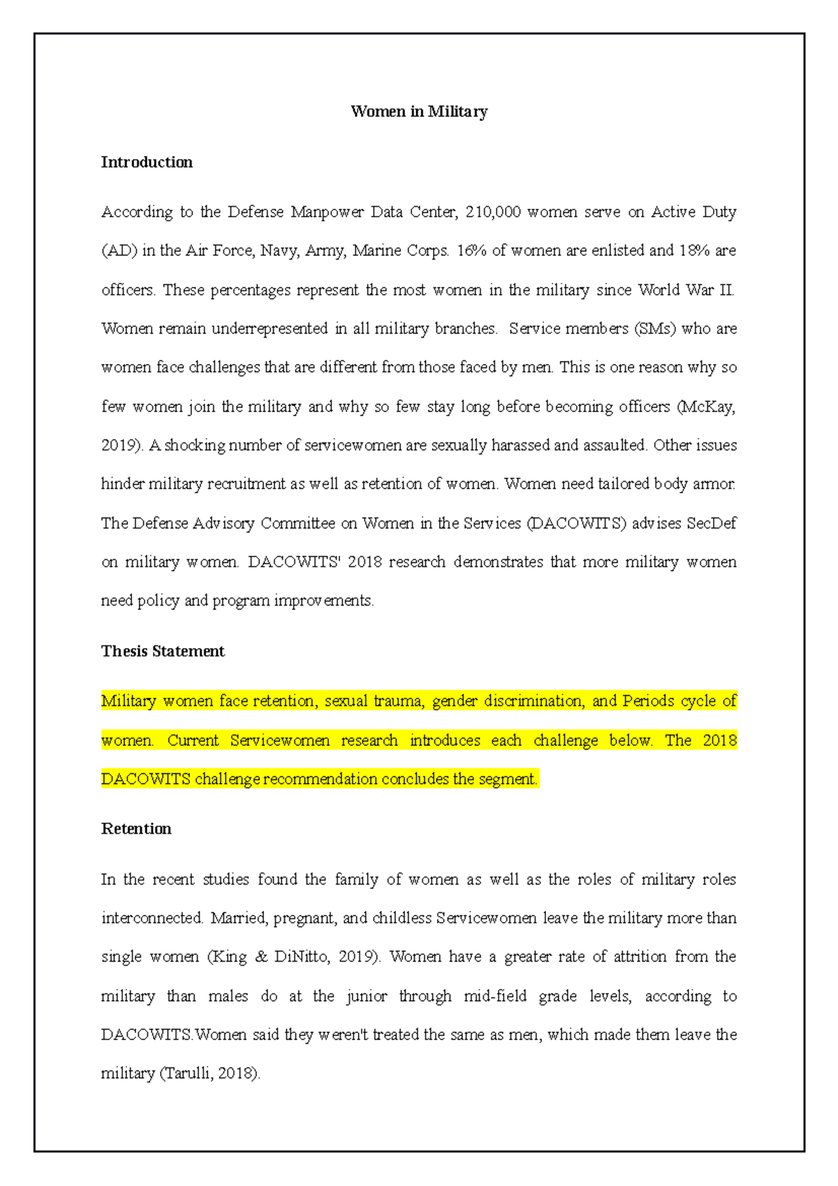 Women in military - Case - Women in Military Introduction According to ...