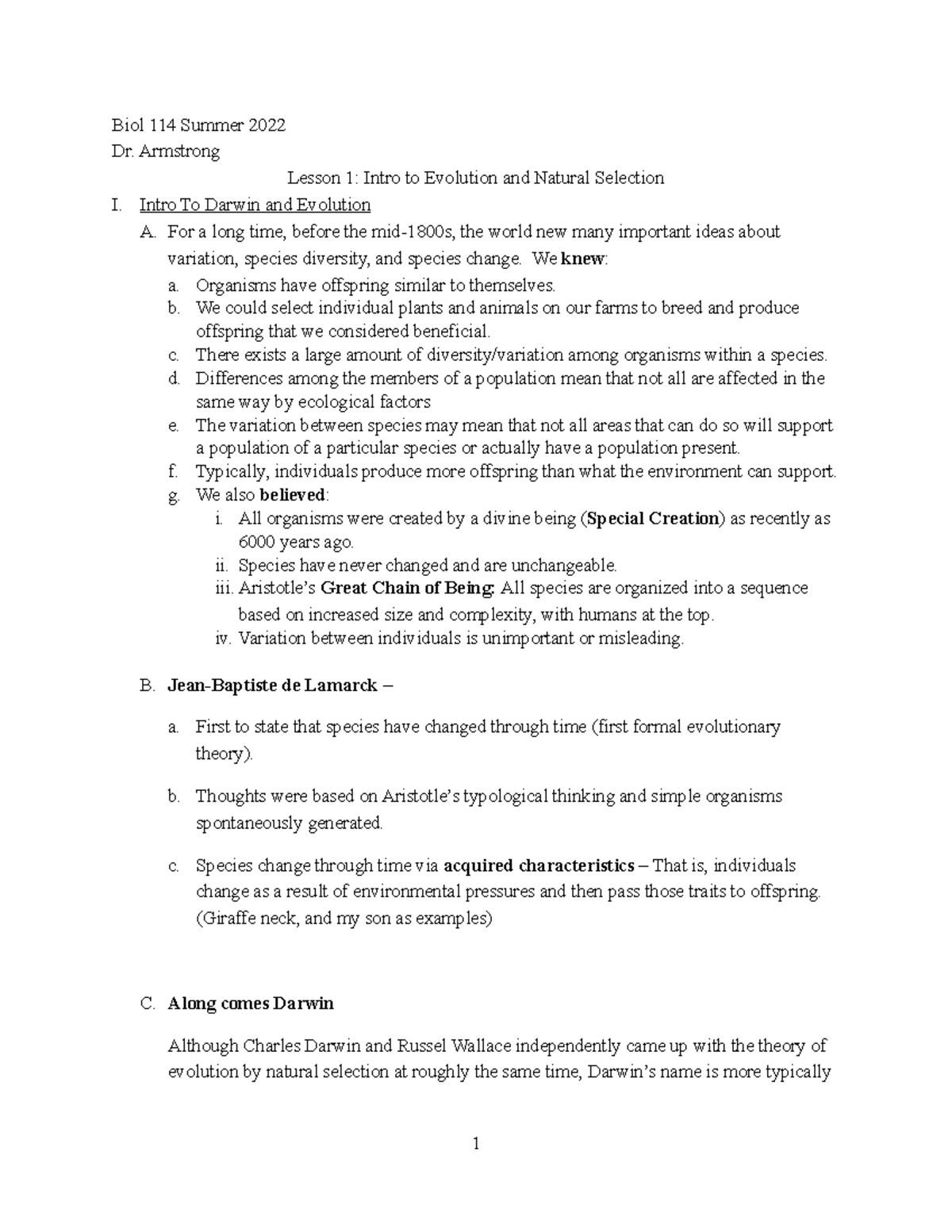 Lesson 1 - Notes Introduction to Evolution 1 - Biol 114 Summer 2022 Dr ...