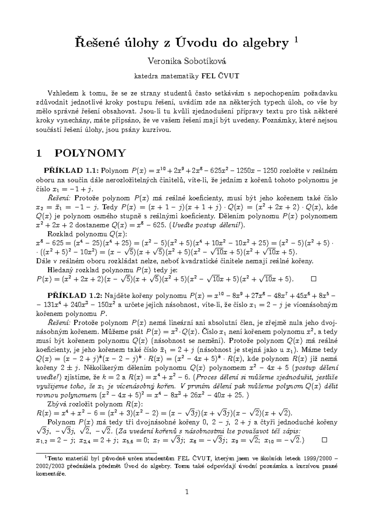 Resene priklady - Řešené úlohy z Úvodu do algebry 1 Veronika Sobotíková katedra matematiky FEL ...