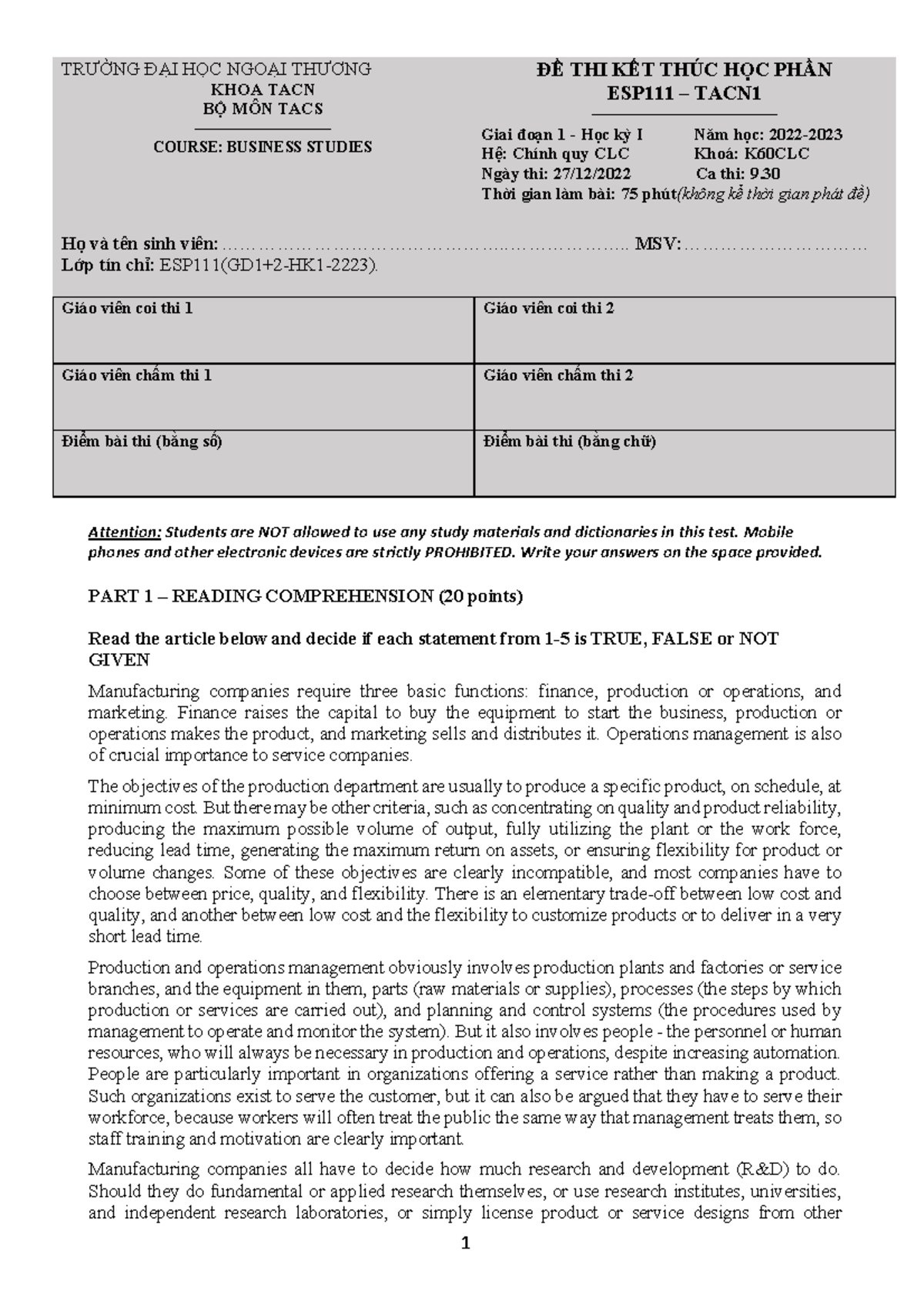 [sample] Đề thi CK ESP111-TACN1 27 - TRƯỜNG ĐẠI HỌC NGOẠI THƯƠNG KHOA ...