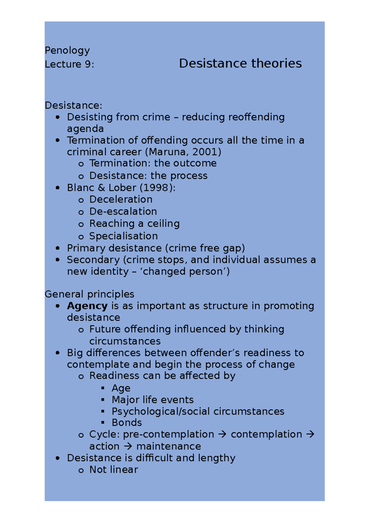 Disistance 9 - Lecture notes - Penology Lecture 9: Desistance theories ...