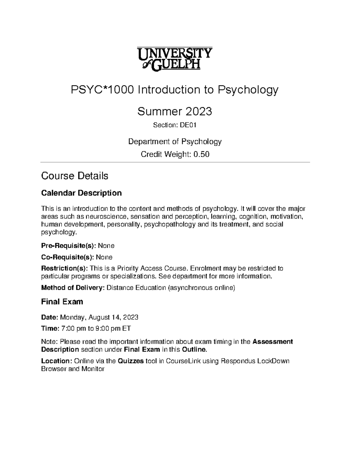 Outline PSYC1000 DE01 S23 final - PSYC*1000 Introduction to Psychology ...