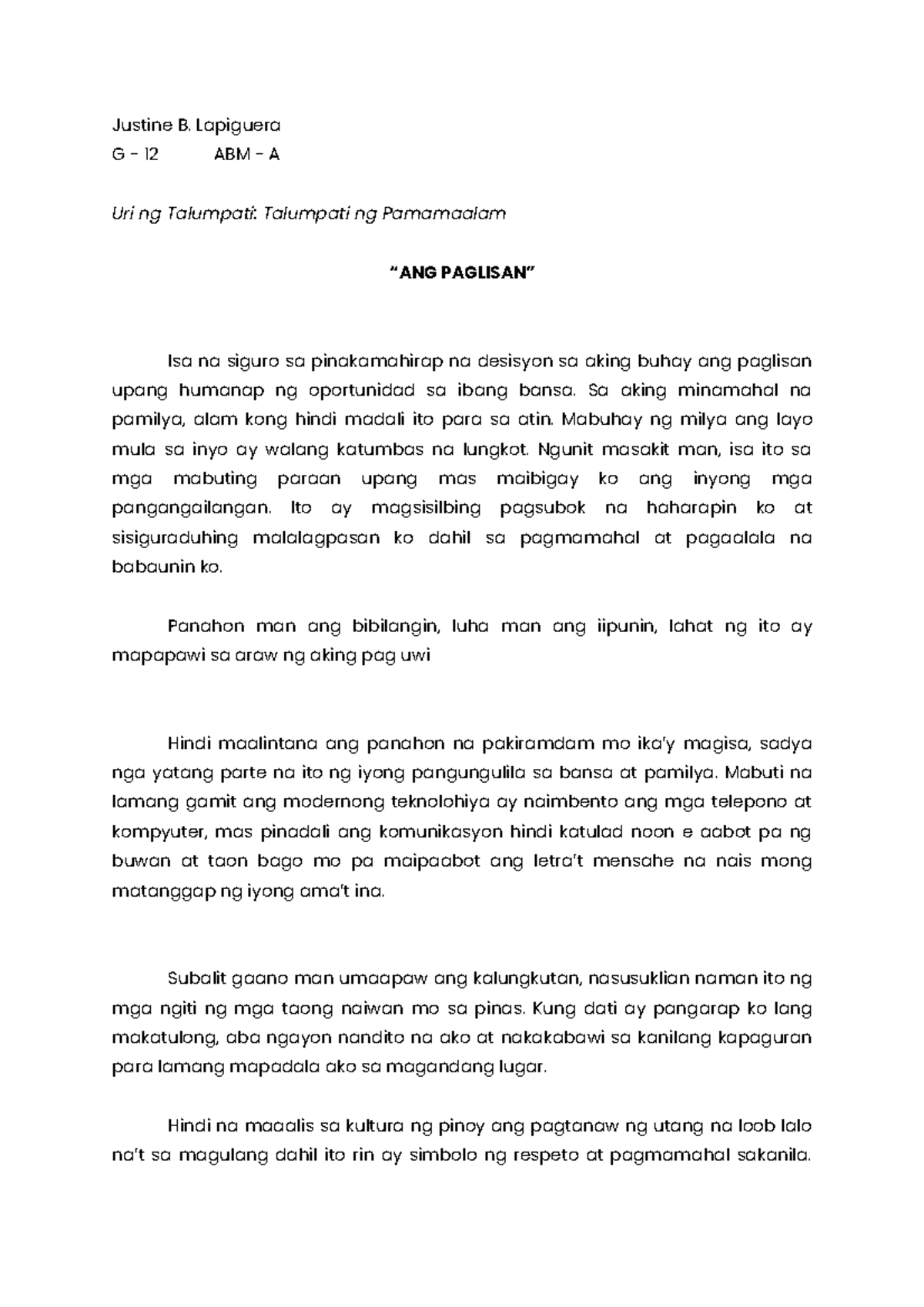 Talumpati ( Paglisan) Lapiguera - Justine B. Lapiguera G - 12 ABM - A ...