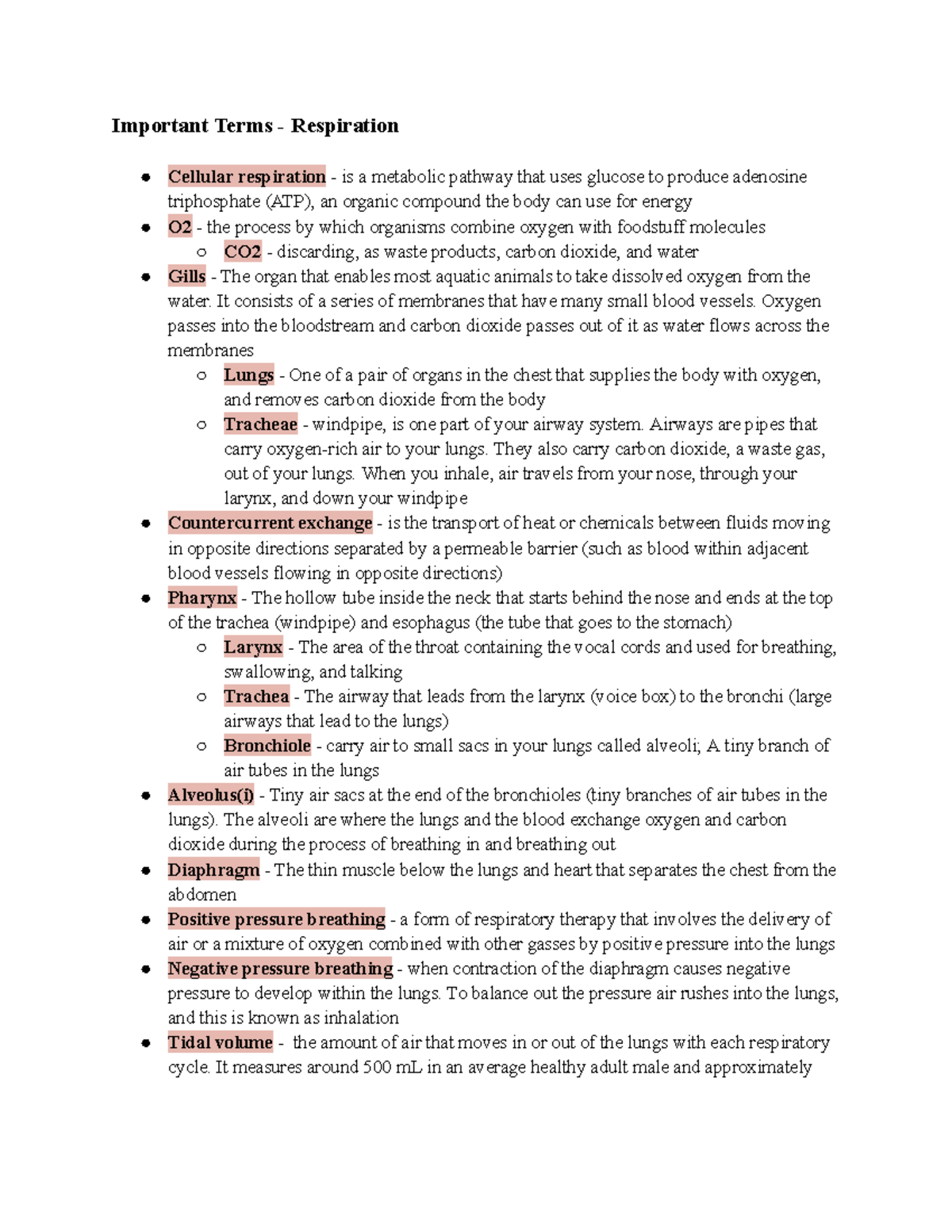 BIOL 112 - Respiration Terms (1) - Important Terms - Respiration ...