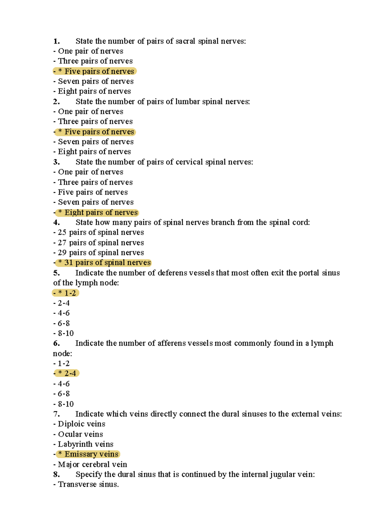 Clinical Anatomy Of Vessels and Nerves MCQs - State the number of pairs ...